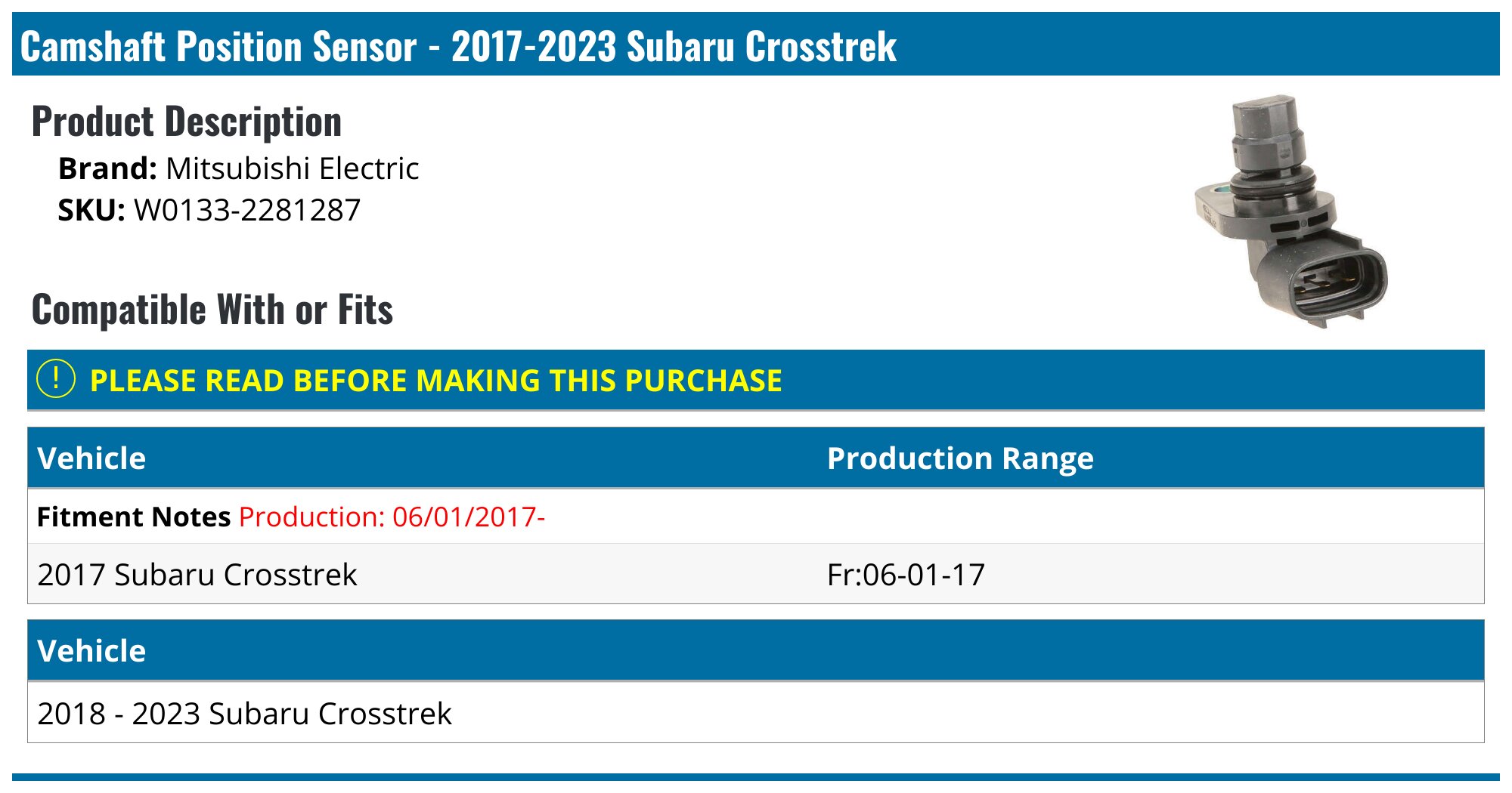 2019 Subaru Crosstrek Camshaft Position Sensor