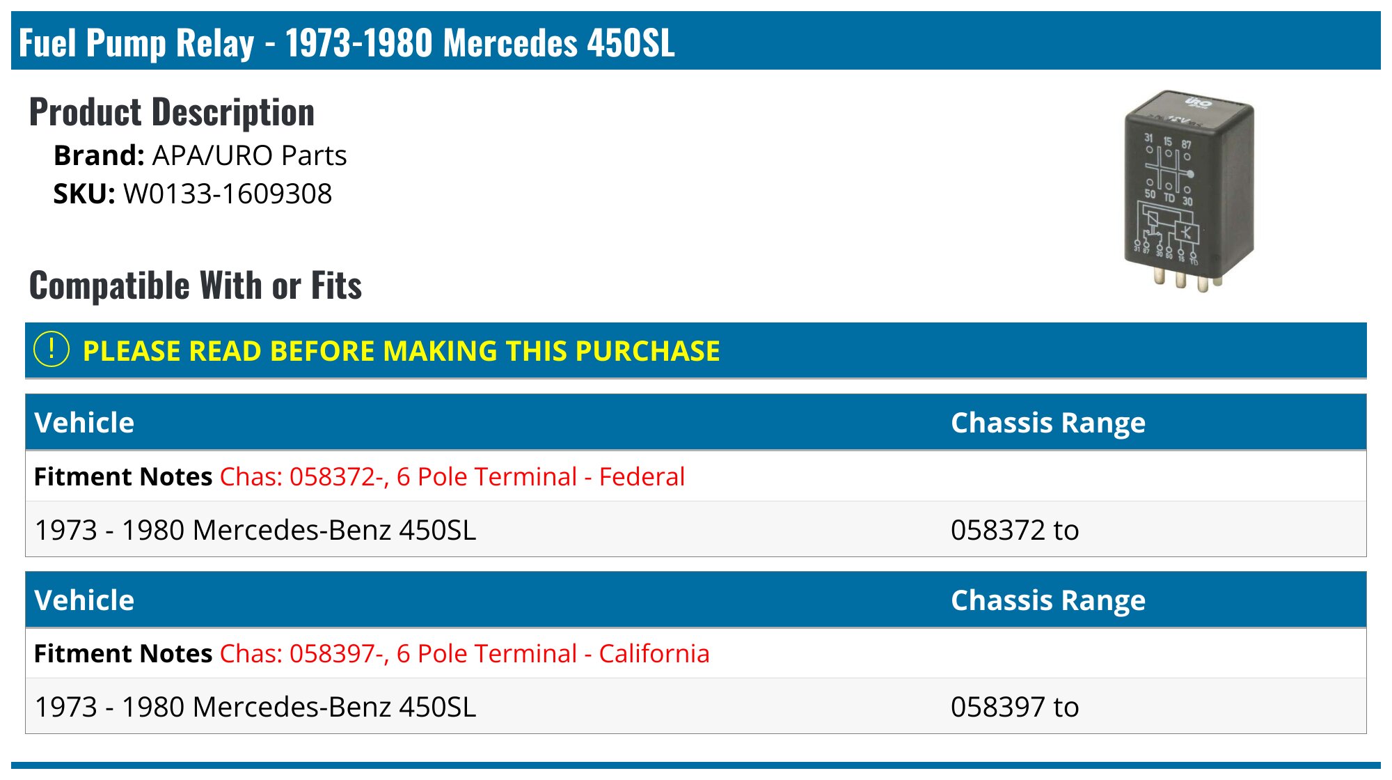 Mercedes 450SL Fuel Pump Relay - Electric Fuel Pump Relay - APA/URO ...