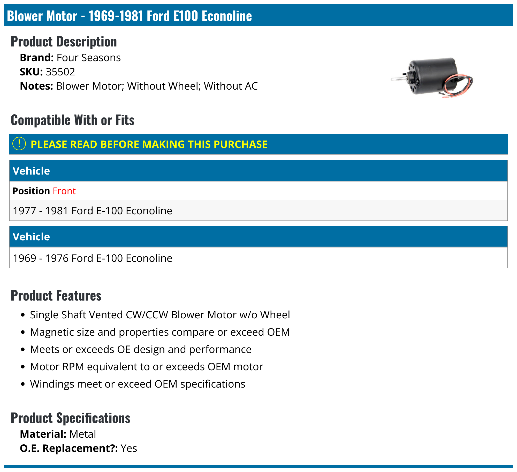 1969-1981 Ford E100 Econoline Blower Motor - Four Seasons 35502 ...