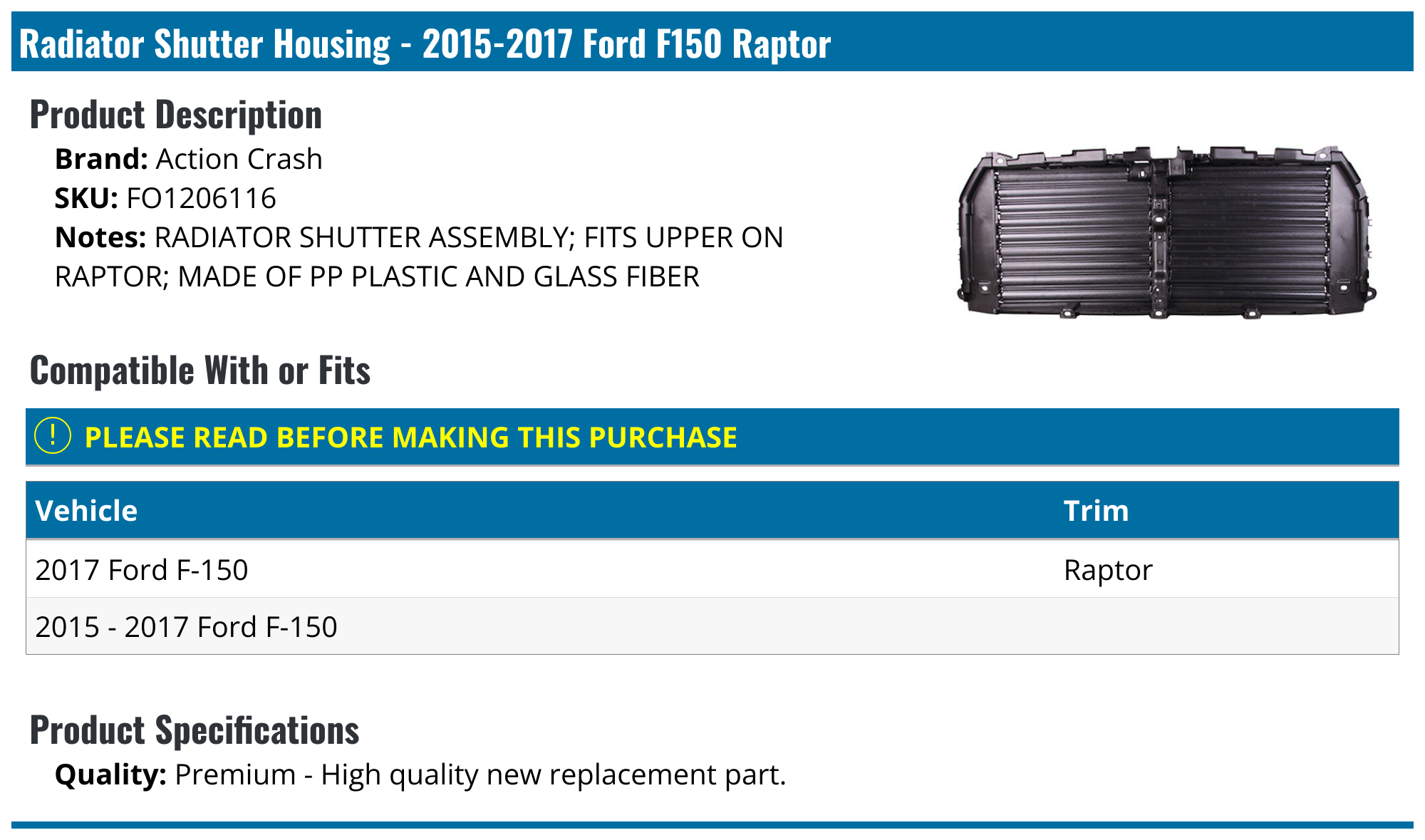 2015-2017 Ford F150 Radiator Shutter Assembly - Action Crash FO1206116 ...