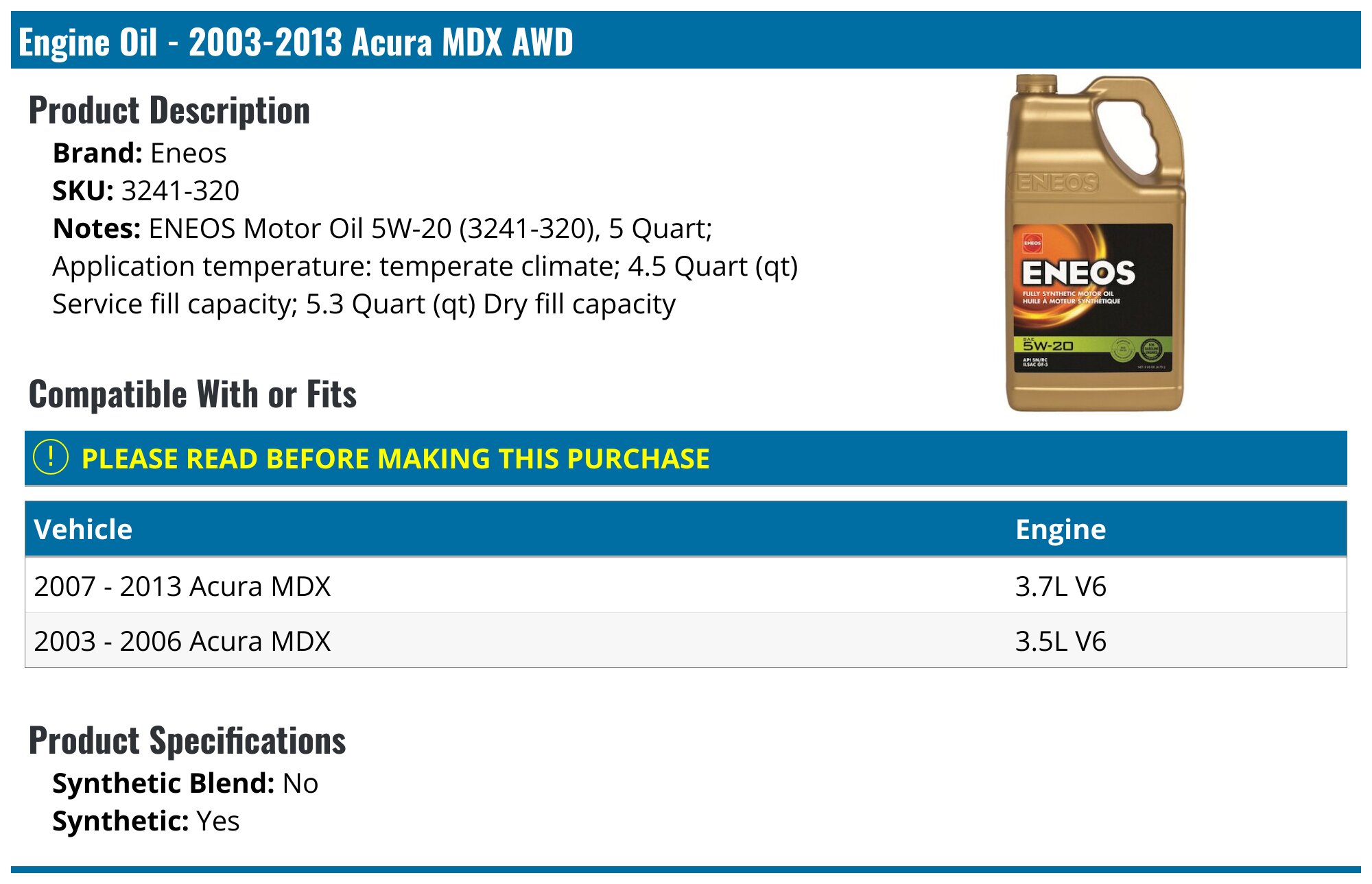 2003-2013 Acura MDX Engine Oil - Eneos 3241-320 - PartsGeek.com