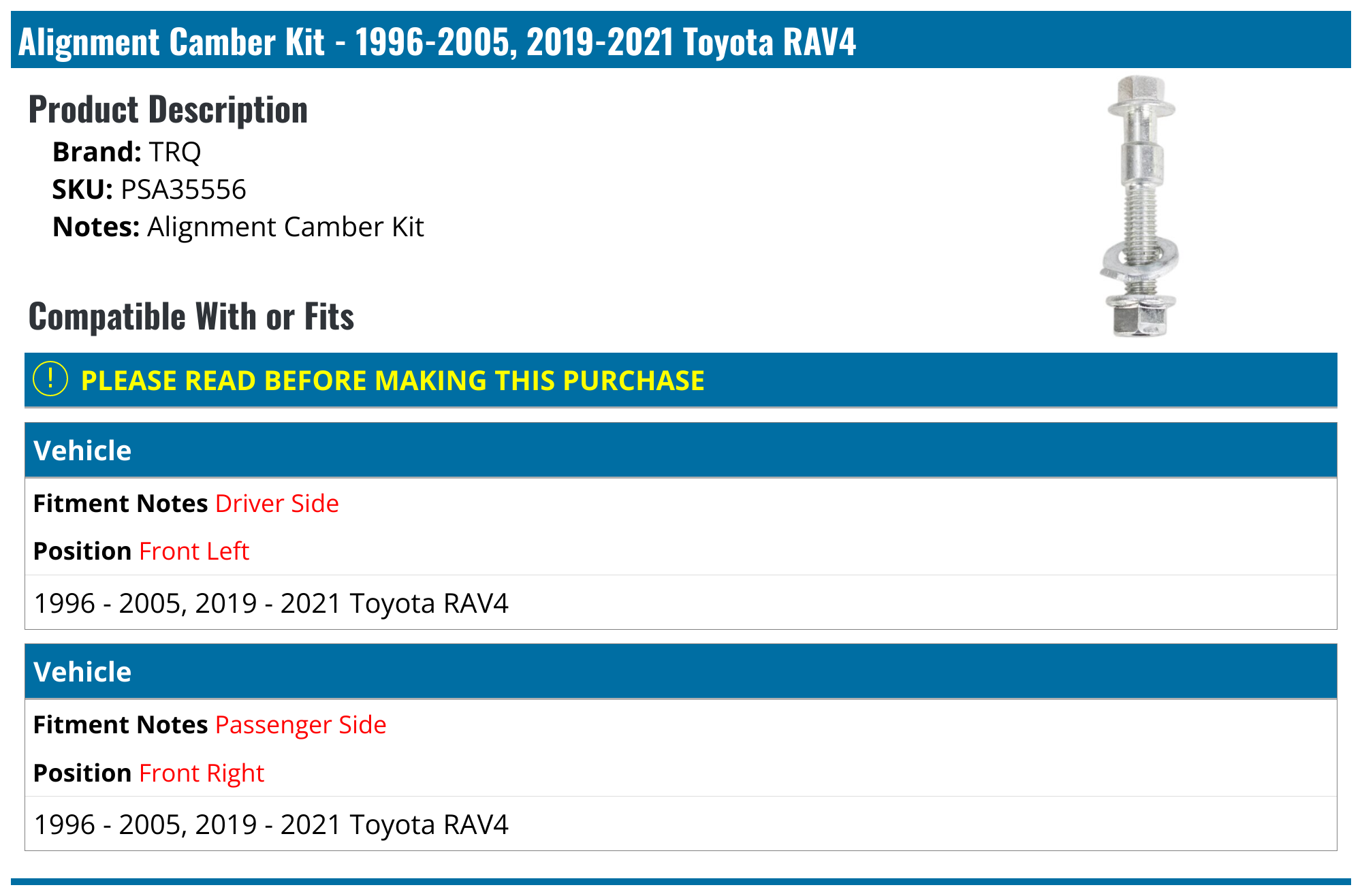 1996-2005, 2019-2021 Toyota RAV4 Alignment Camber Kit - TRQ PSA35556 ...