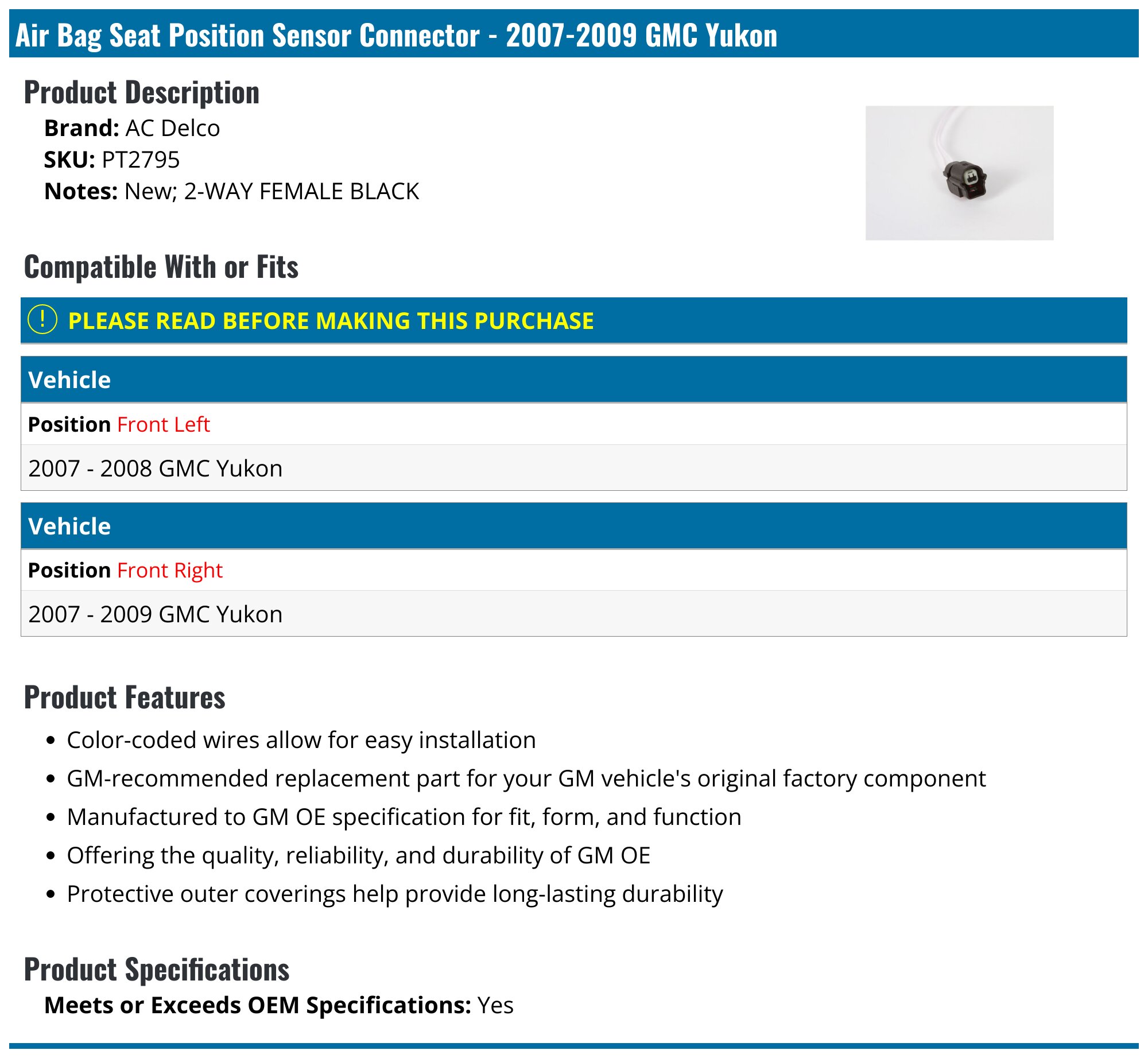 2007-2009 GMC Yukon Air Bag Seat Position Sensor Connector - AC Delco ...