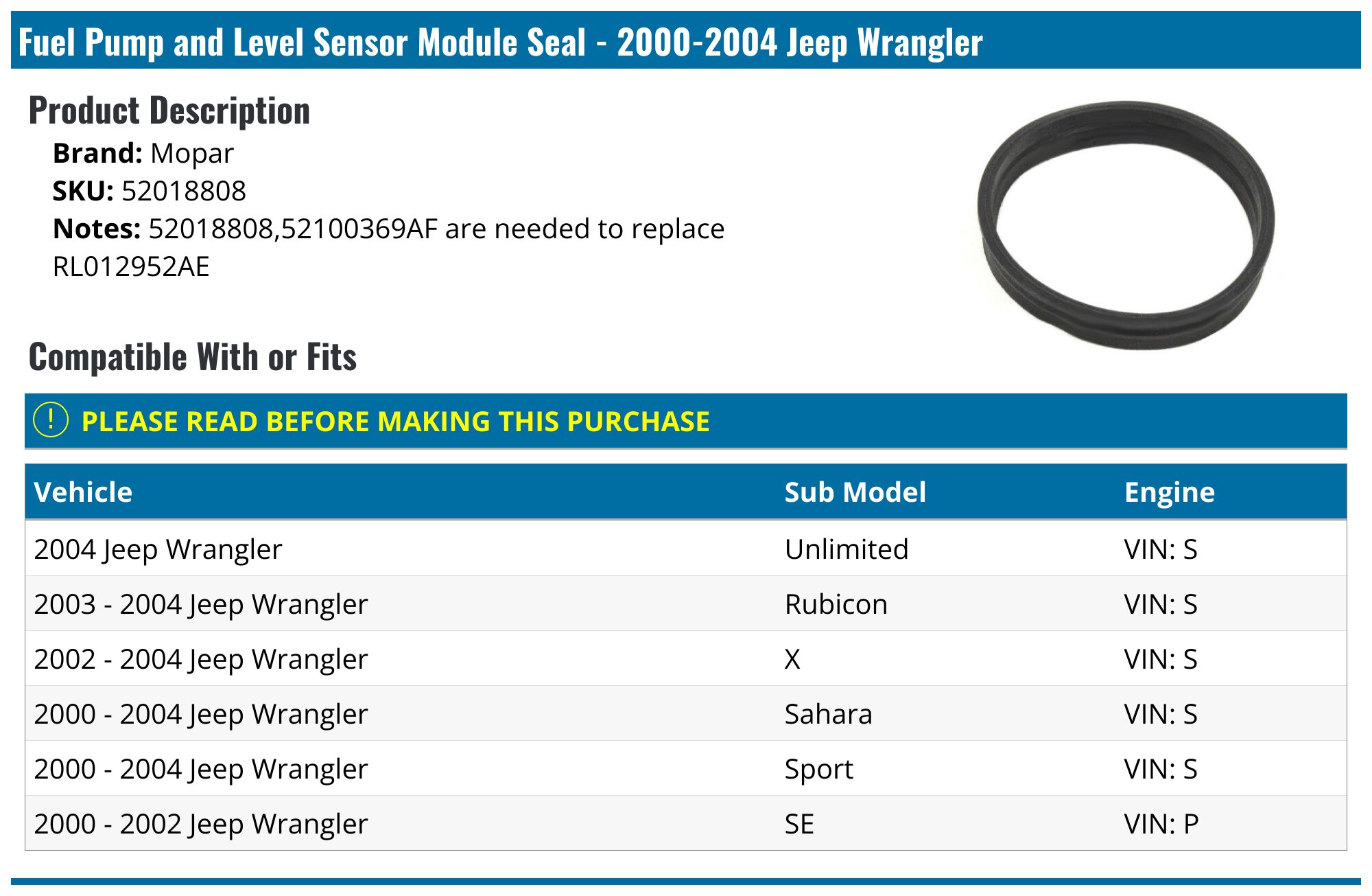 2000-2004 Jeep Wrangler Fuel Pump - Mopar 52018808 - PartsGeek.com