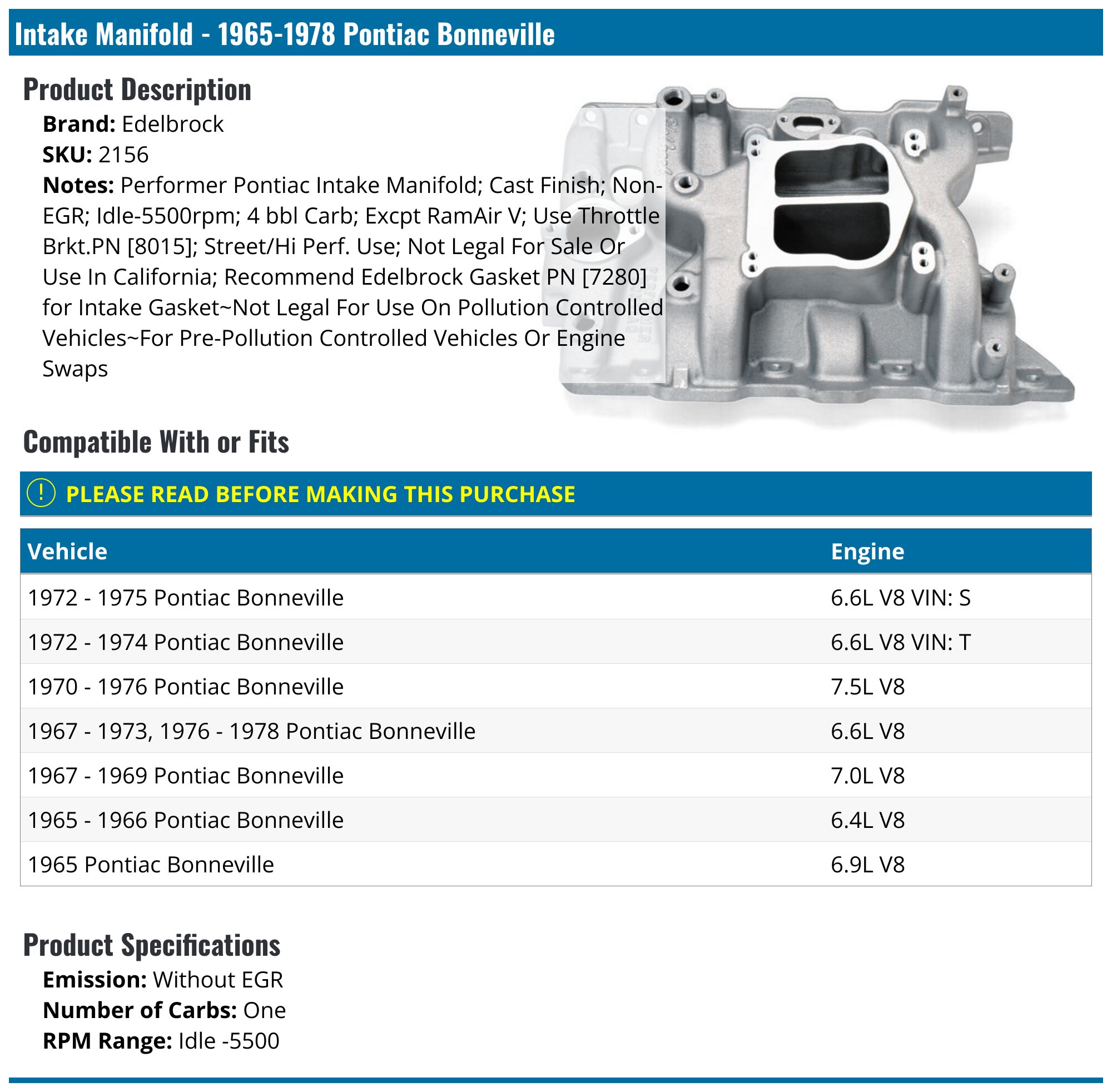 1965-1978 Pontiac Bonneville Intake Manifold - Edelbrock 2156 ...