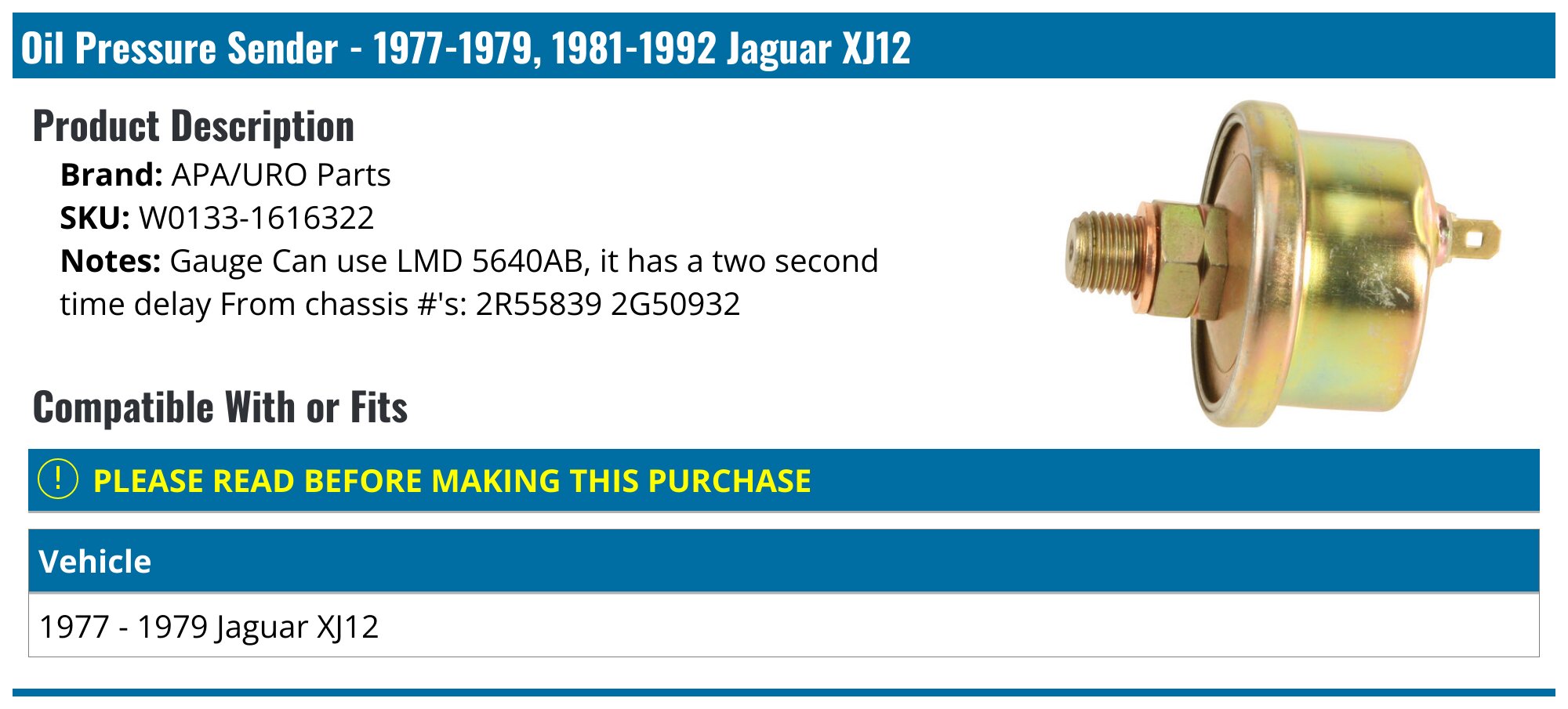 1977-1979, 1981-1992 Jaguar XJ12 Oil Pressure Sender - APA/URO Parts ...