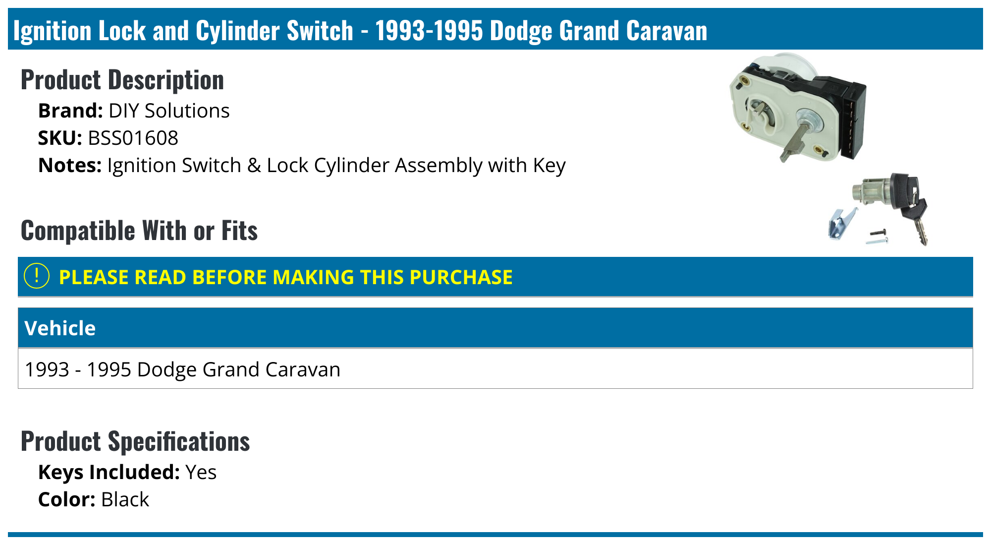 1993-1995 Dodge Grand Caravan Ignition Switch - DIY Solutions BSS01608 ...
