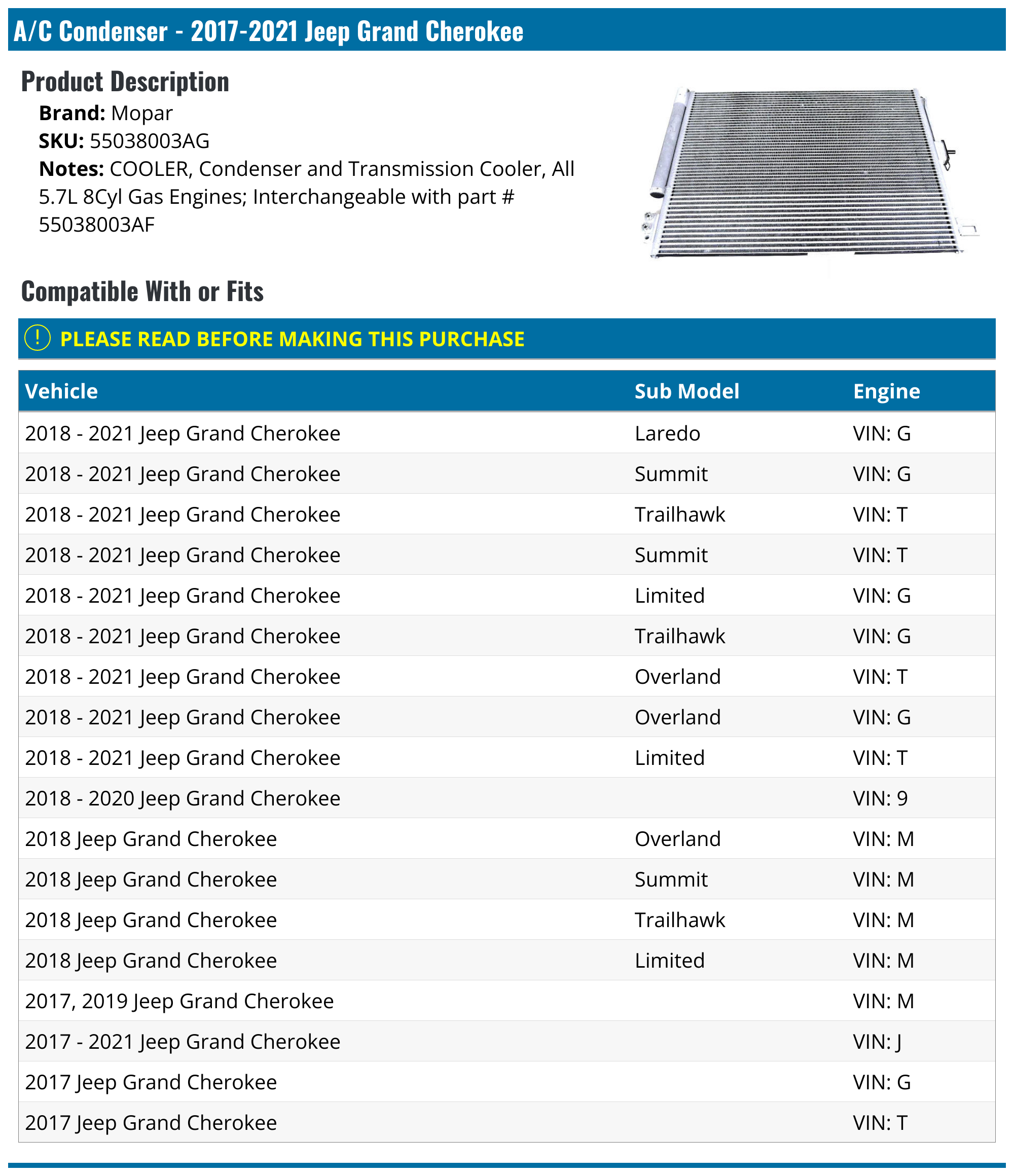 2017-2021 Jeep Grand Cherokee A/C Condenser - Mopar 55038003AG ...