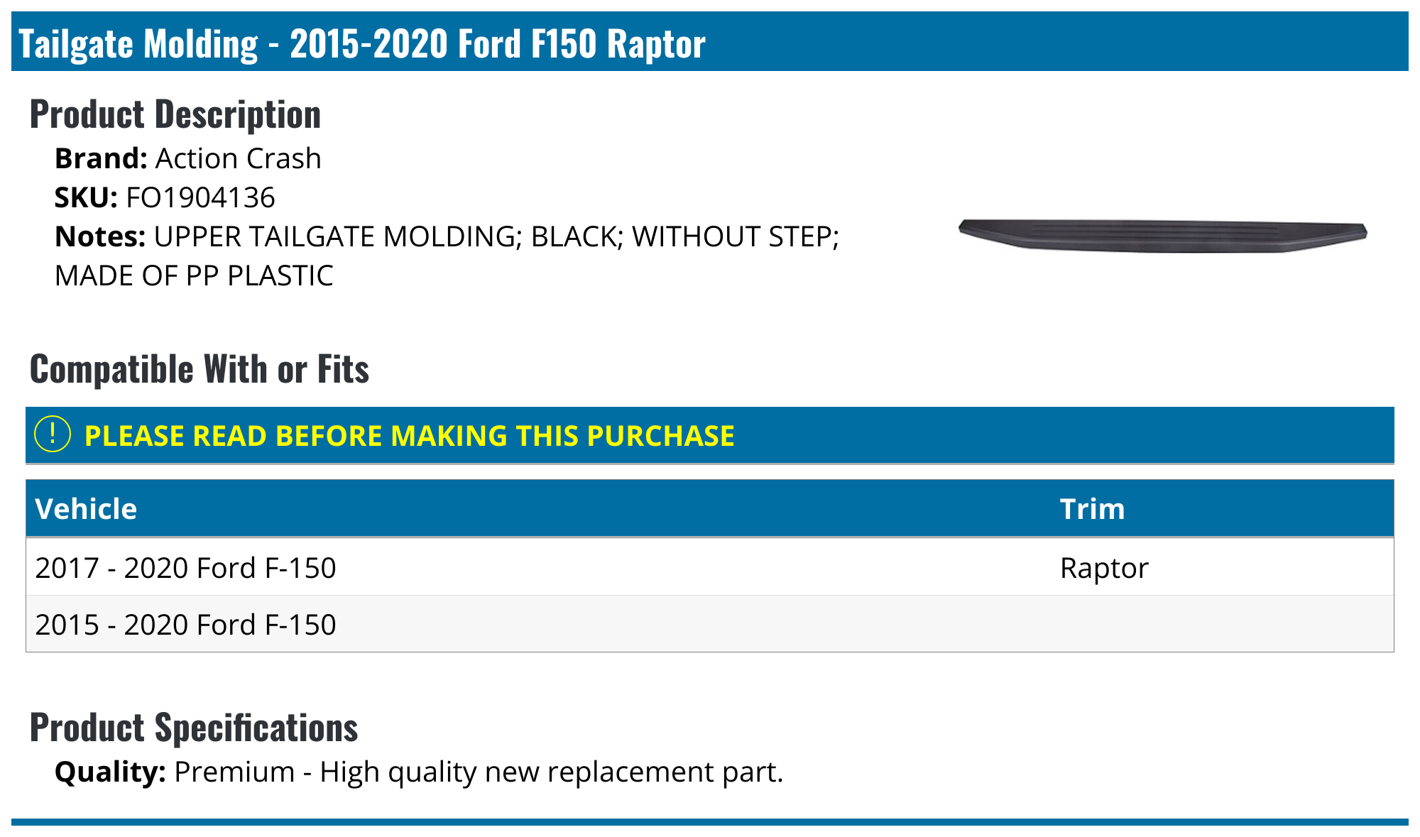 2015-2020 Ford F150 Tailgate Molding - Action Crash FO1904136 ...