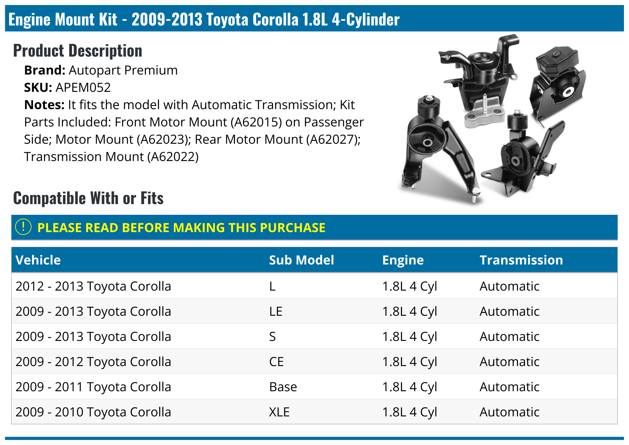 2009-2013 Toyota Corolla Engine Mount - Autopart Premium APEM052 ...