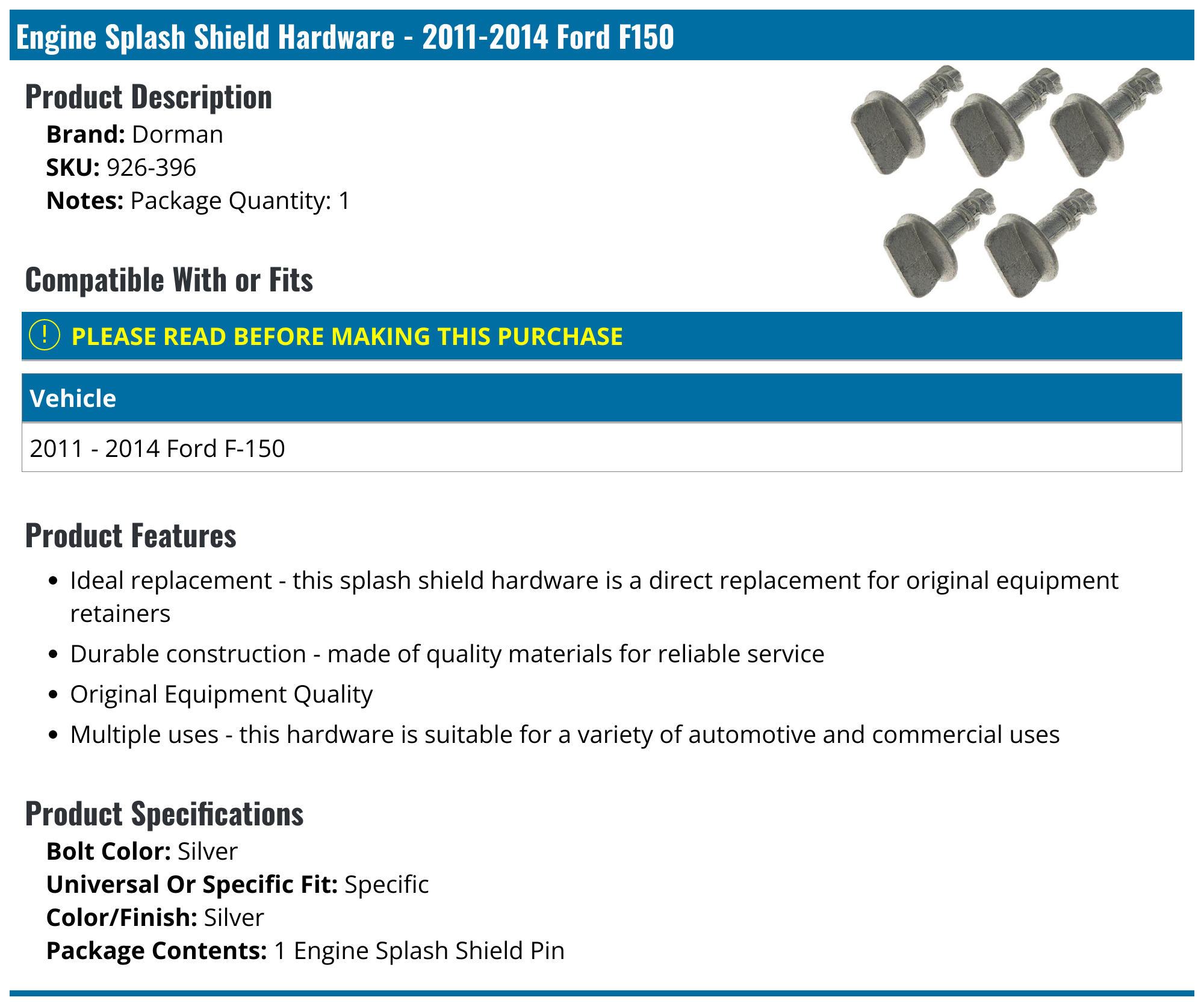 2011-2014 Ford F150 Engine Splash Shield Hardware - Dorman 926-396 ...