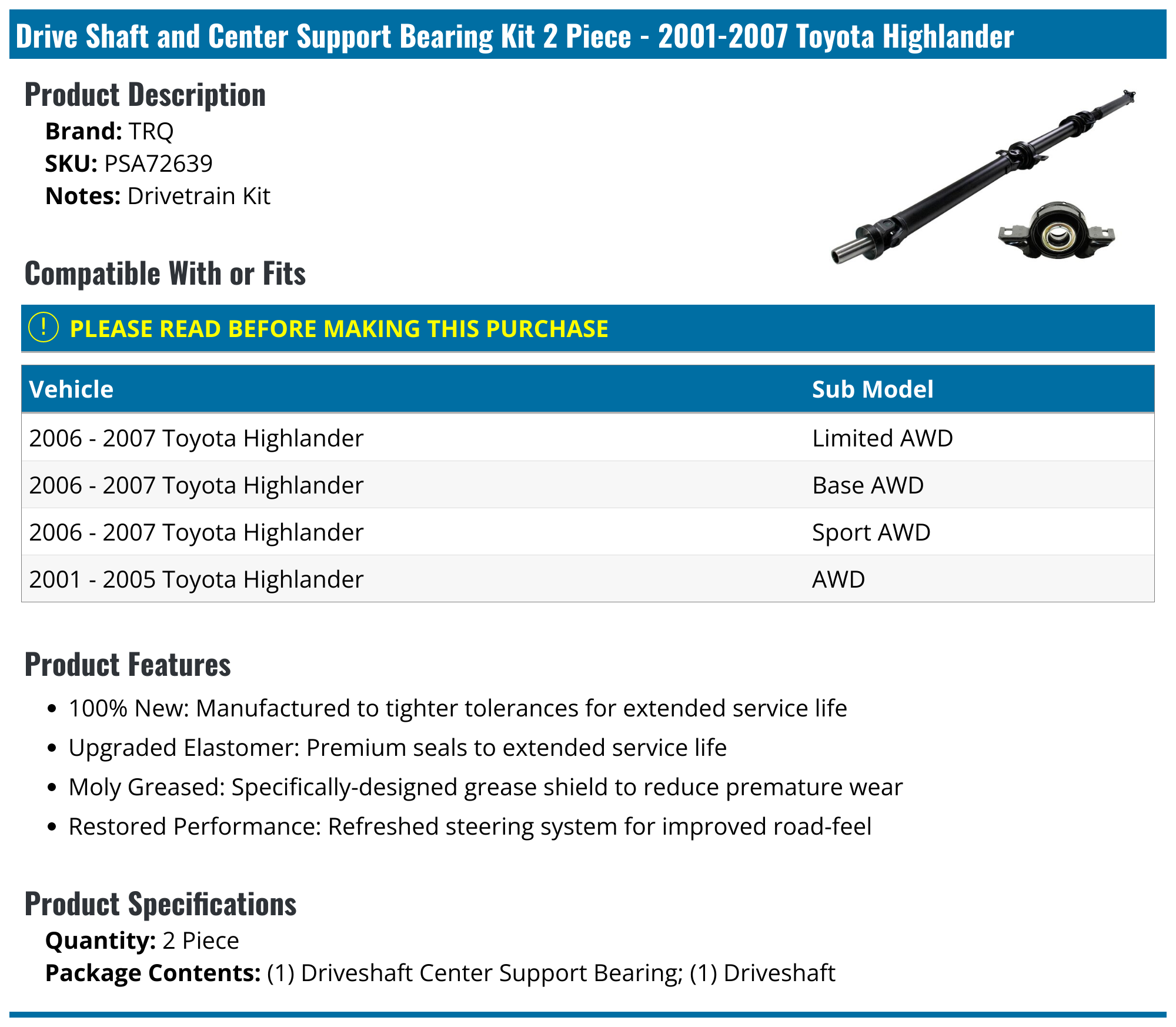 2001-2007 Toyota Highlander Drive Shaft and Center Support Bearing Kit ...