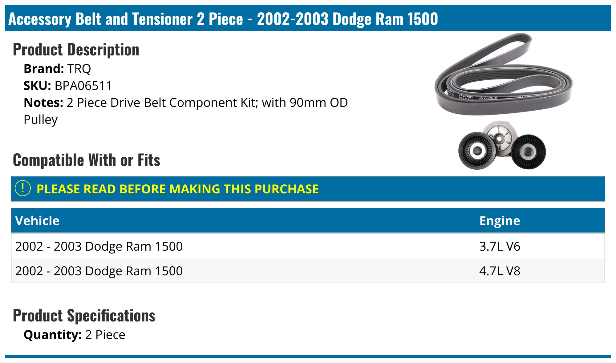 2002-2003 Dodge Ram 1500 Accessory Belt Tensioner - TRQ BPA06511 ...