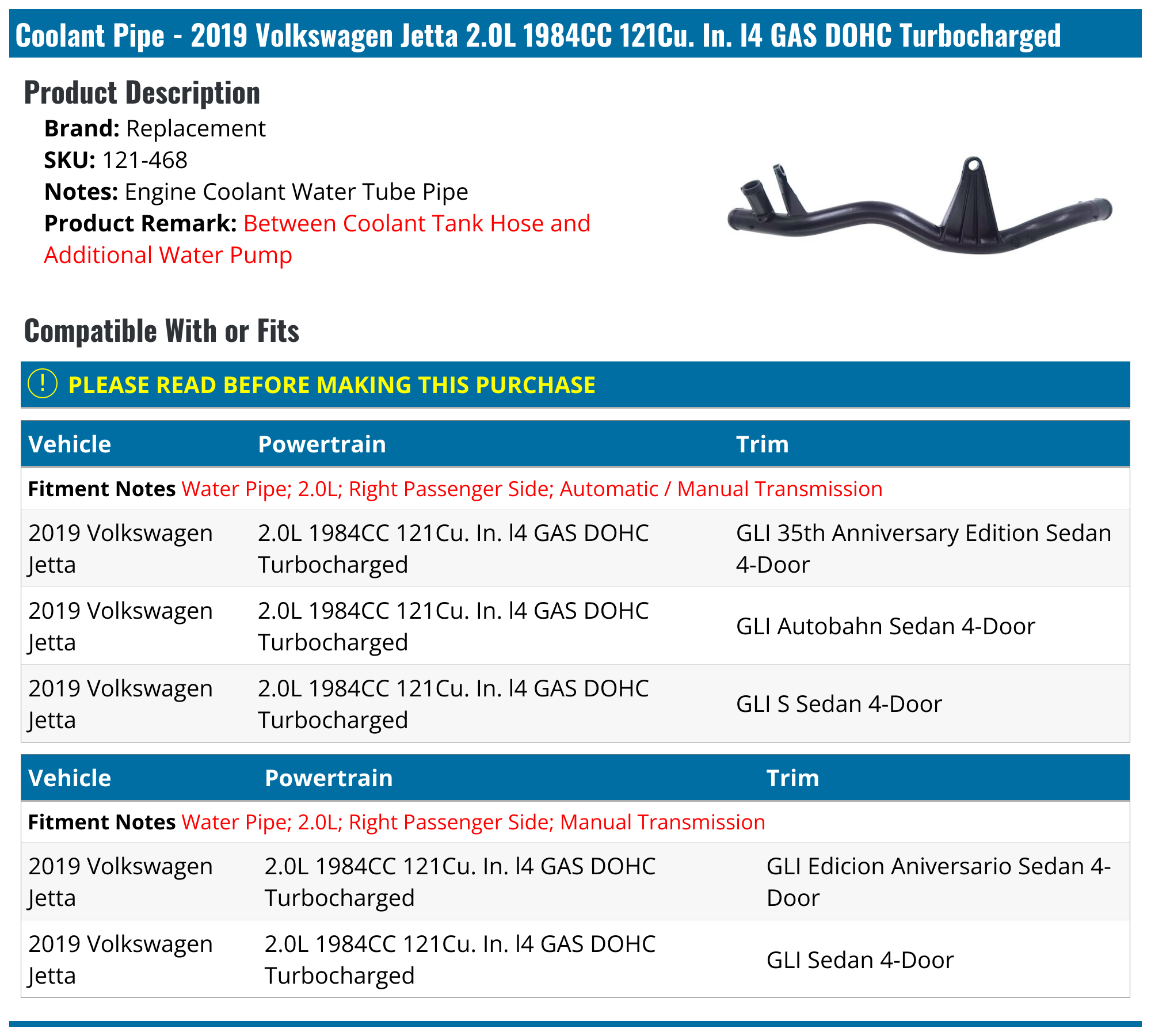 2019 Volkswagen Jetta Coolant Pipe - Replacement 121-468 - PartsGeek.com