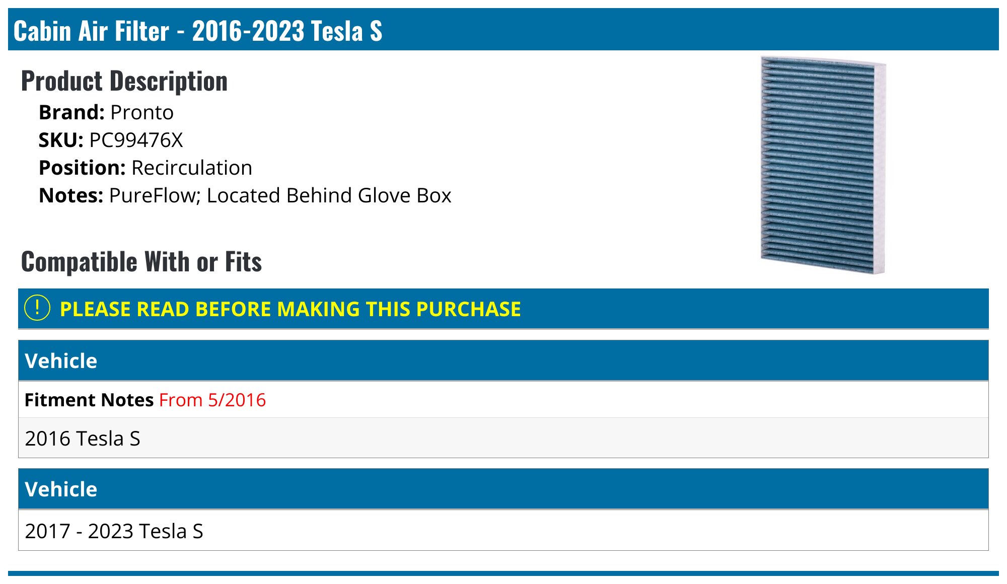 2016-2021 Tesla S Cabin Air Filter - Pronto PC99476X - Recirculation ...