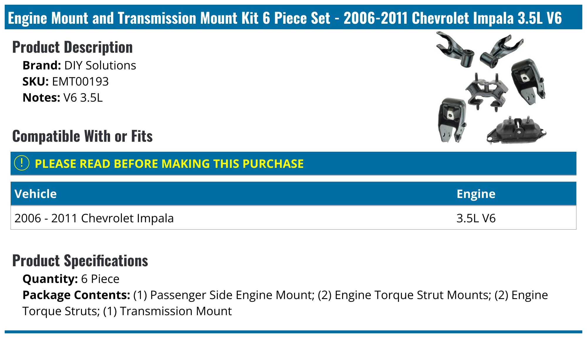 2006-2011 Chevrolet Impala Engine Mount - DIY Solutions EMT00193 ...