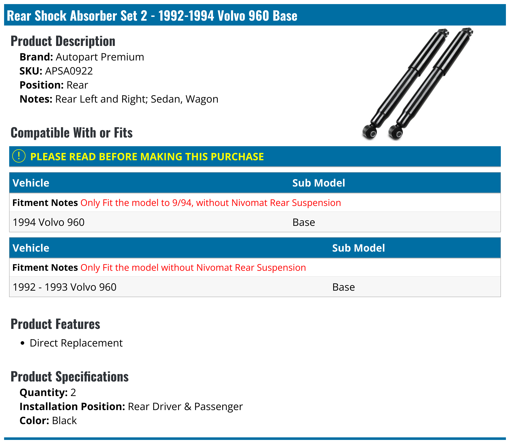 1992-1994 Volvo 960 Shock Absorber - Autopart Premium APSA0922 - Rear ...