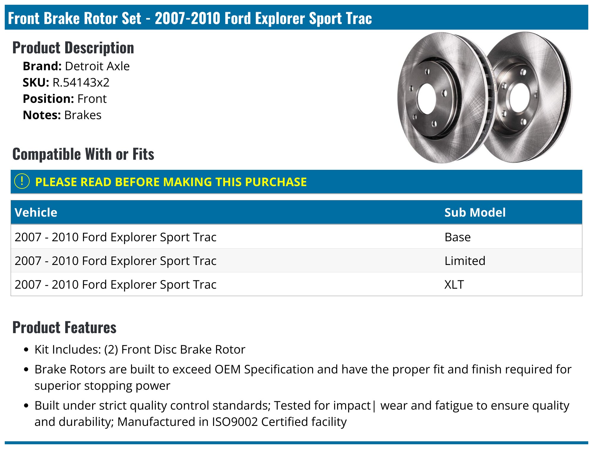 2007-2010 Ford Explorer Sport Trac Brake Rotor - Detroit Axle R.54143x2 ...