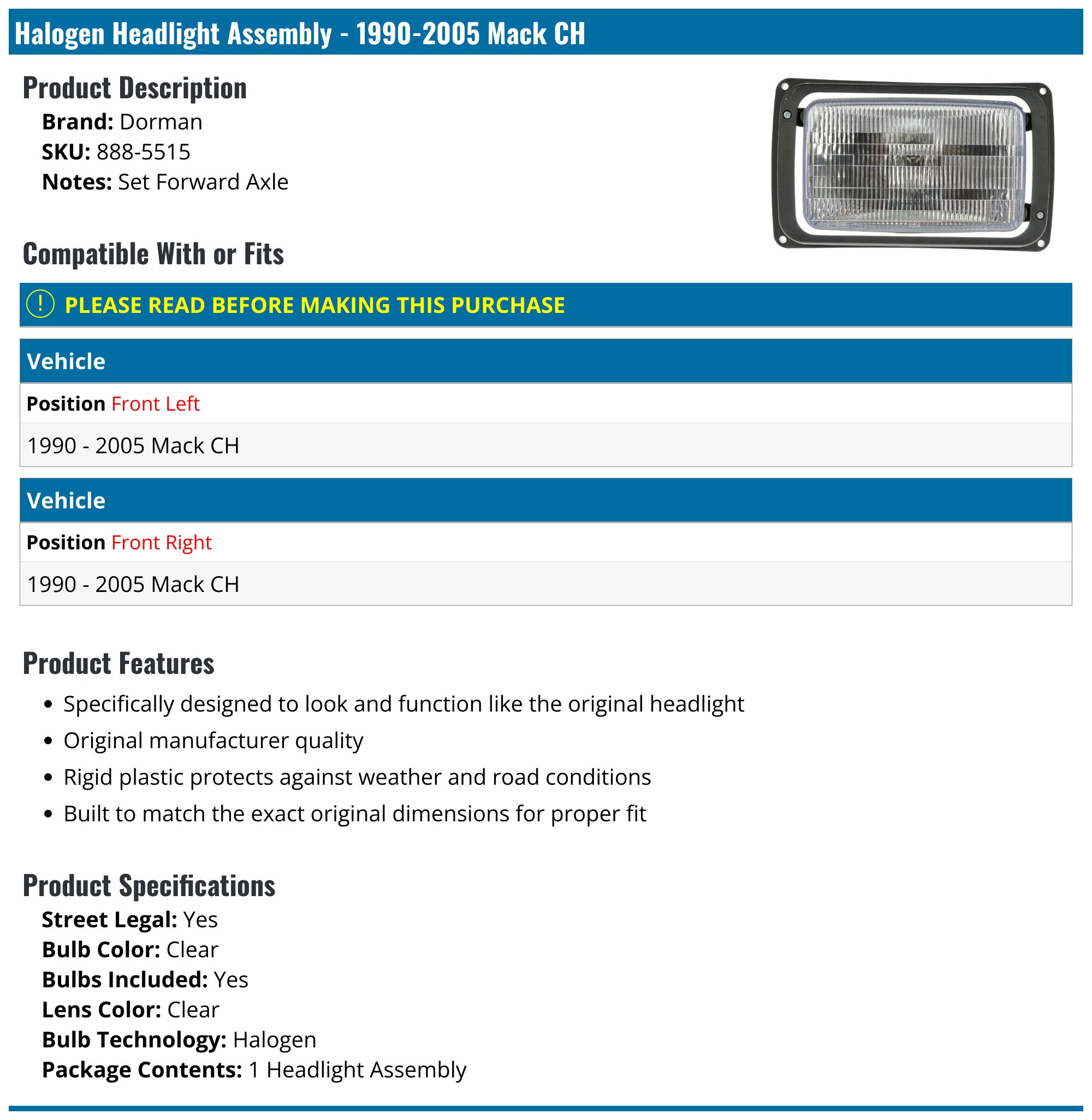 1990-2005 Mack CH Headlight Assembly - Dorman 888-5515 - Front Left ...