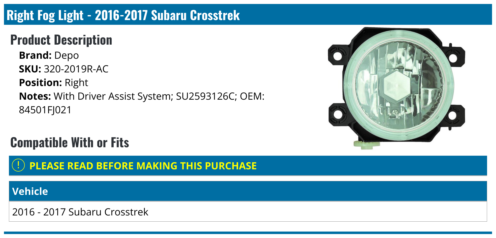 2016-2017 Subaru Crosstrek Fog Light - Depo 320-2019R-AC - Right ...