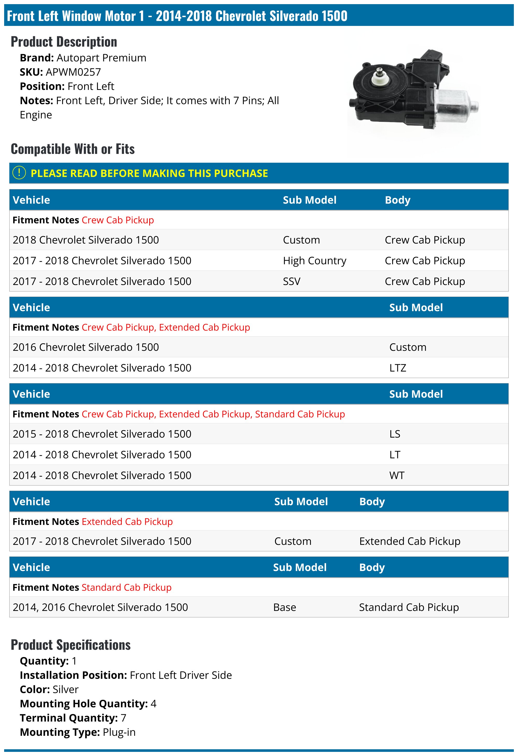 2014-2018 Chevrolet Silverado 1500 Window Motor - Autopart Premium ...