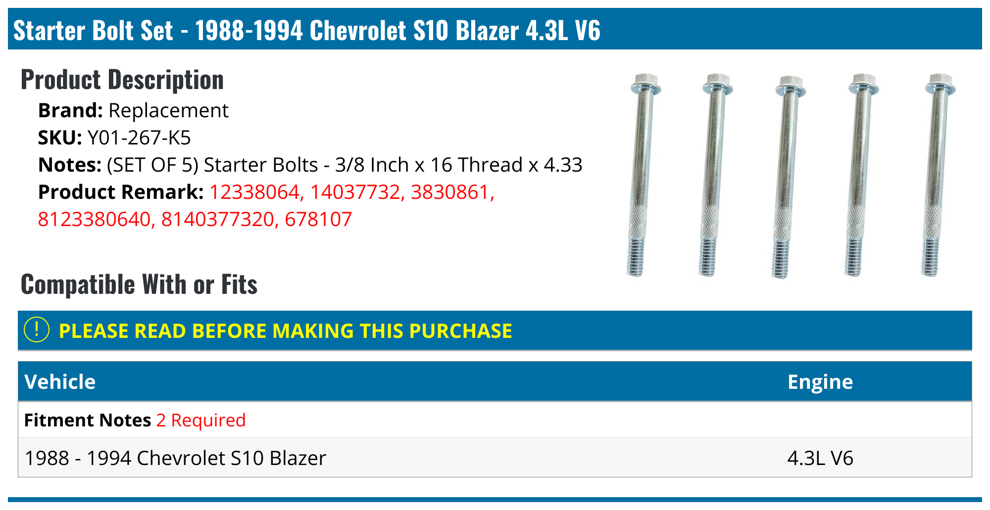 1988-1994 Chevrolet S10 Blazer Starter Bolt - Replacement Y01-267-K5 ...