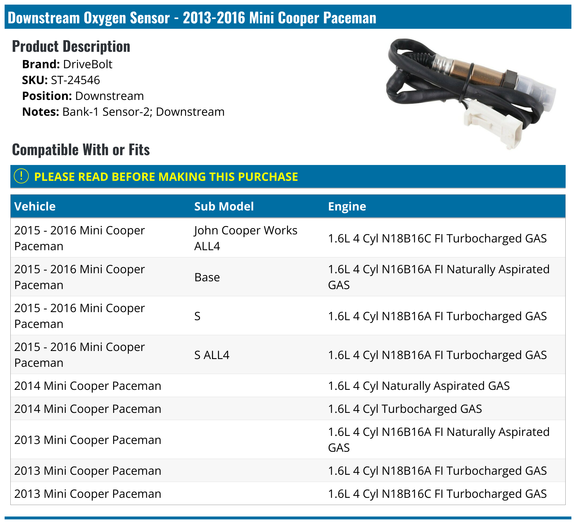 2013-2016 Mini Cooper Paceman Oxygen Sensor - DriveBolt ST-24546 ...