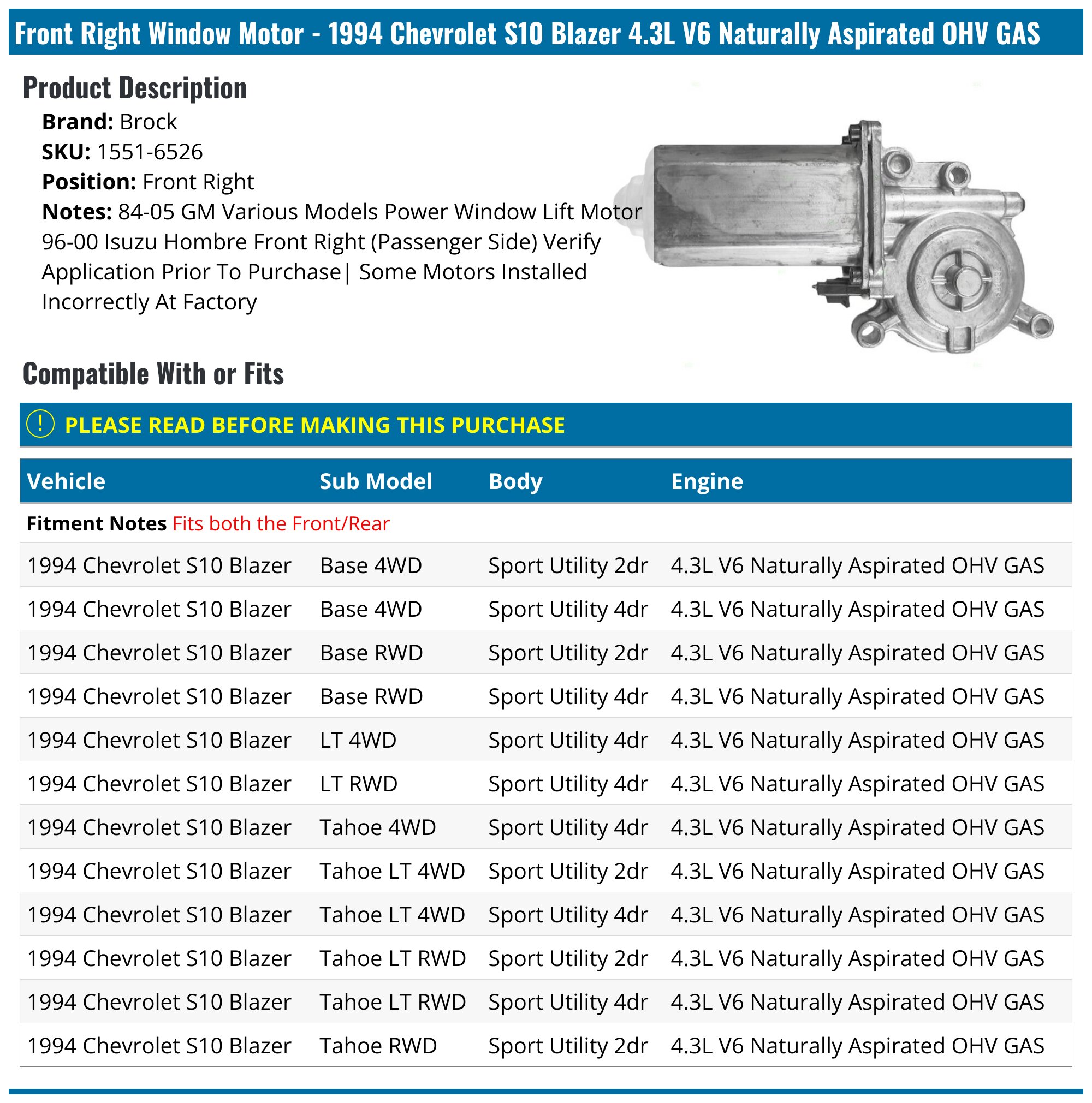 1994 Chevrolet S10 Blazer Window Motor - Brock 1551-6526 - Front Right ...