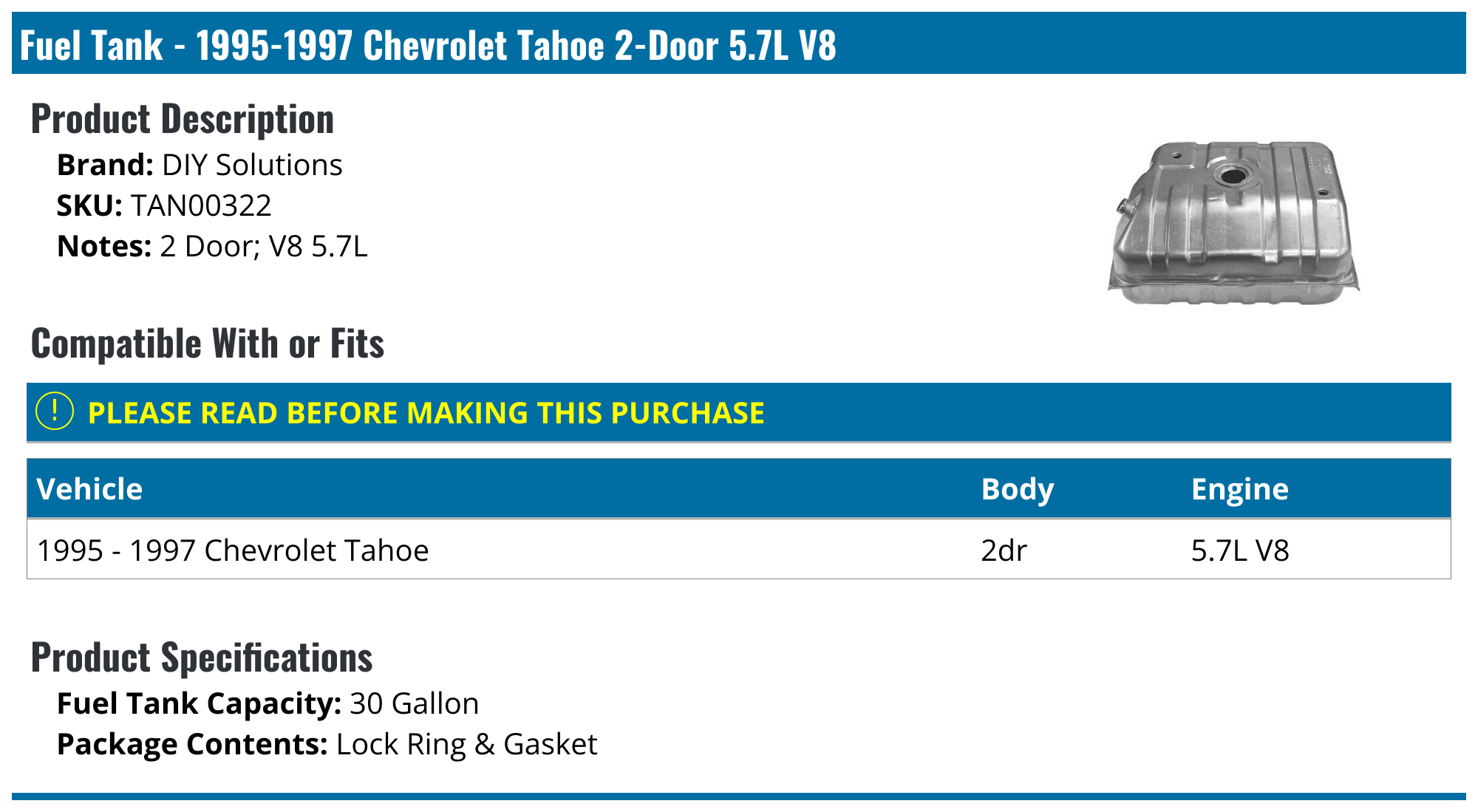 1995-1997 Chevrolet Tahoe Fuel Tank - DIY Solutions TAN00322 ...