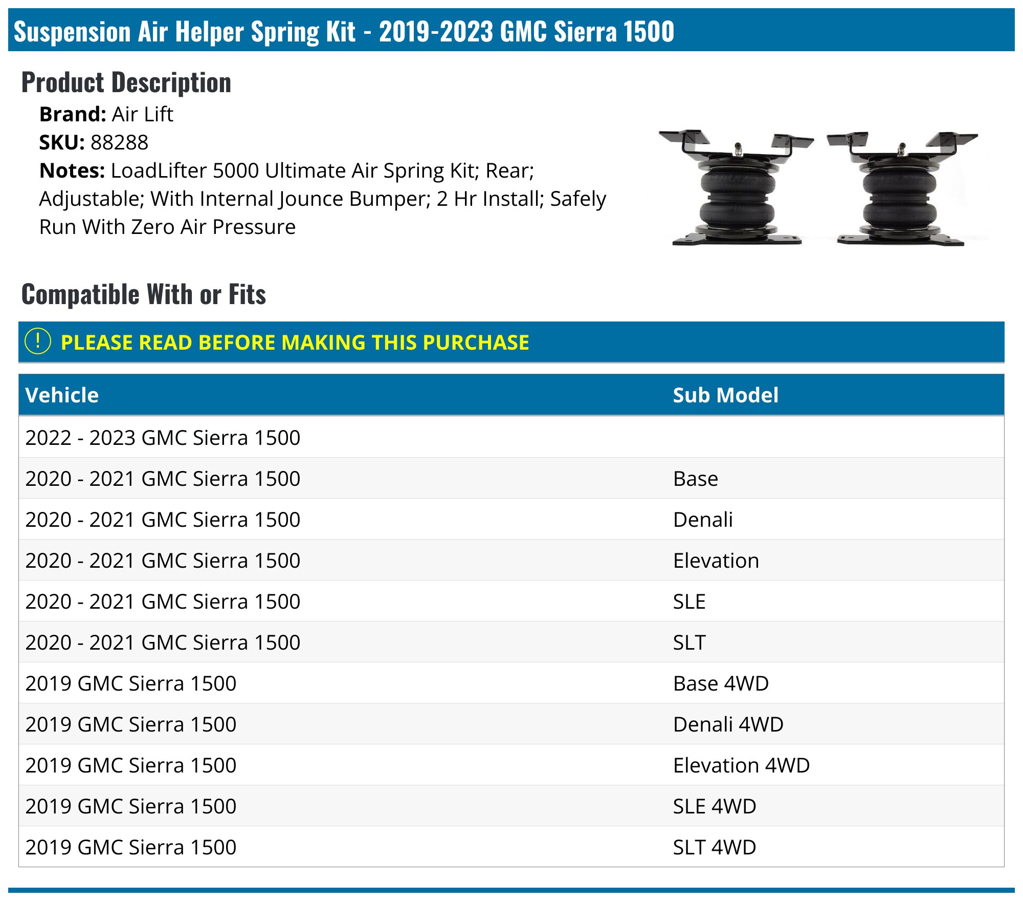 2019-2026 GMC Sierra 1500 Air Spring - Air Lift 88288 - PartsGeek.com