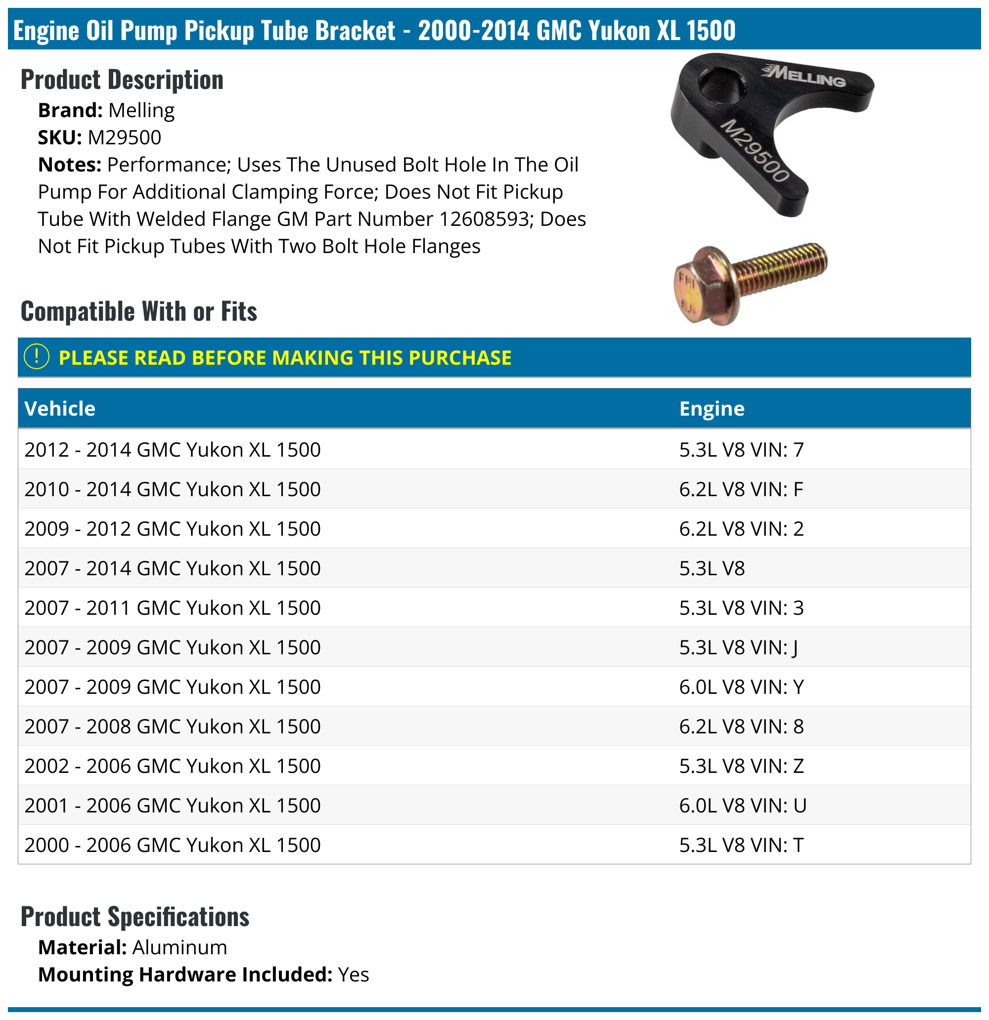 2000-2014 GMC Yukon XL 1500 Engine Oil Pump Pickup Tube Bracket ...