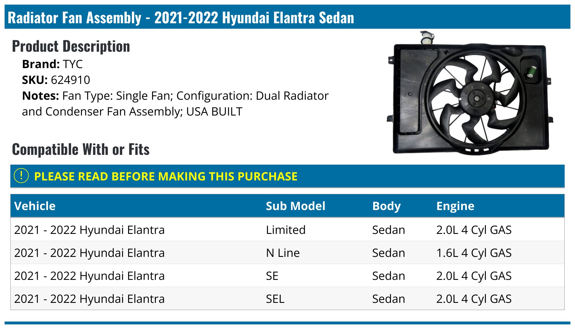 2021-2023 Hyundai Elantra Radiator Fan Assembly - TYC 624910 ...