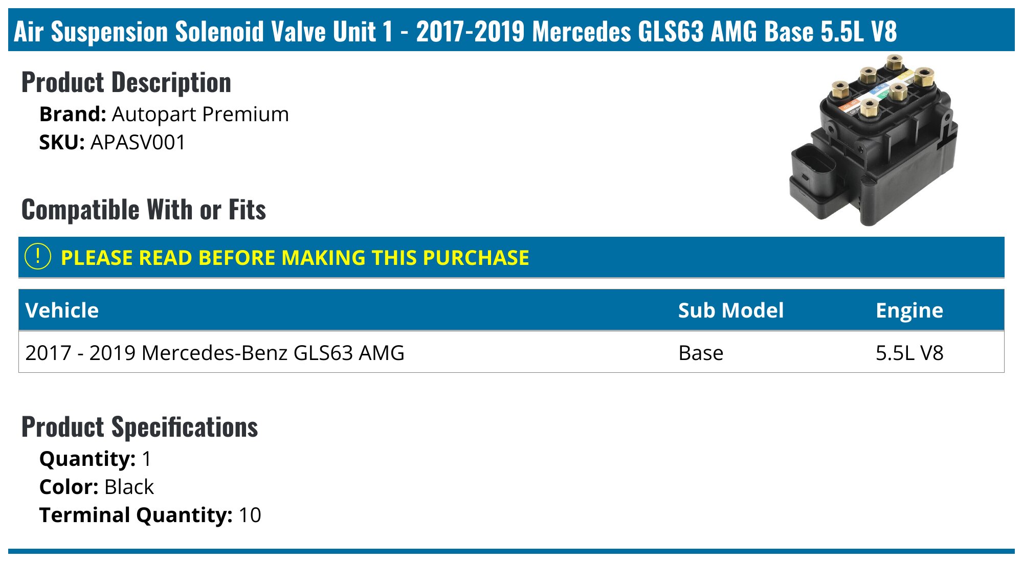 2017-2019 Mercedes GLS63 AMG Air Suspension Solenoid Valve Unit ...