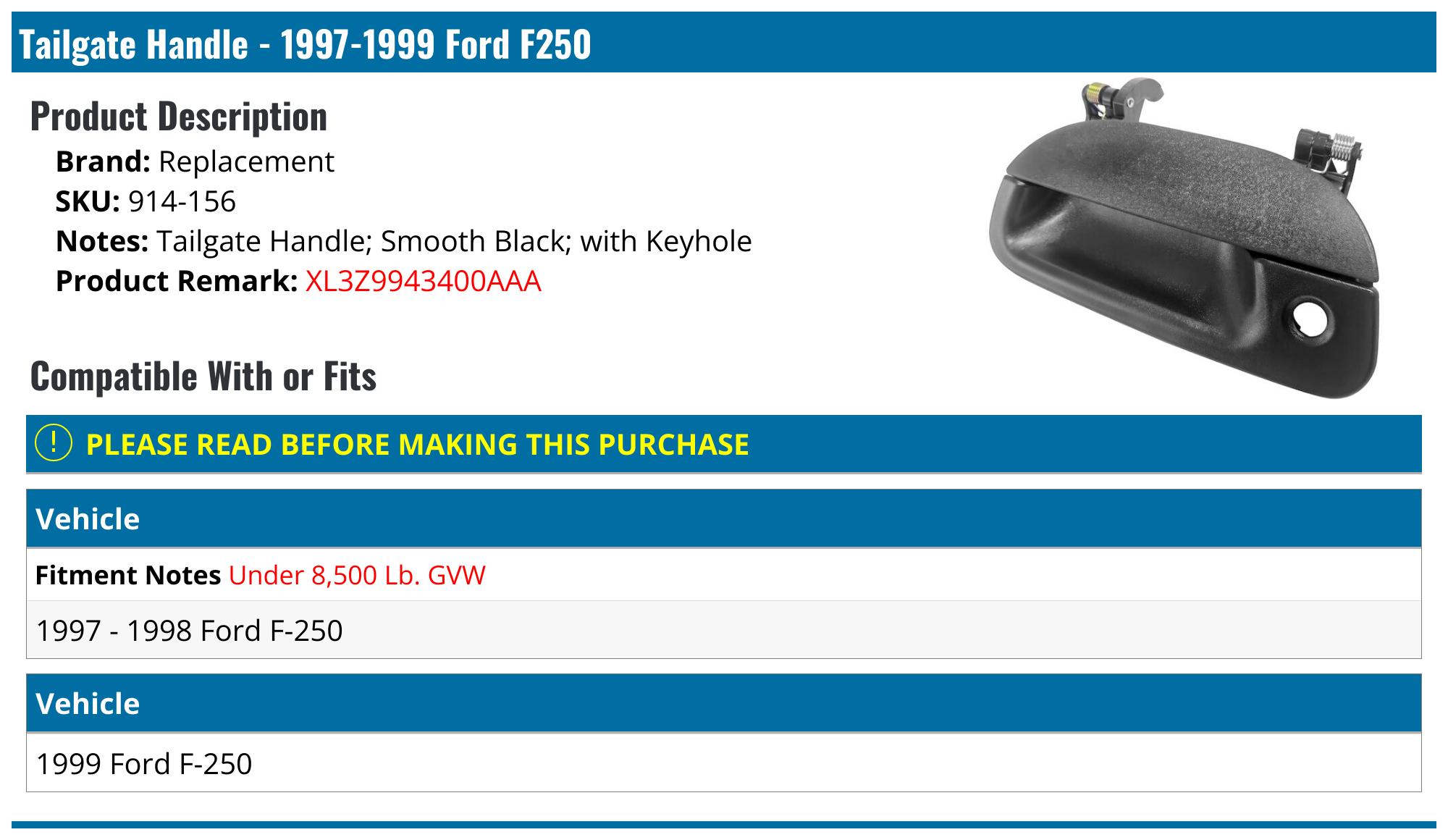 1997-1999 Ford F250 Tailgate Handle - Replacement 914-156 - PartsGeek.com