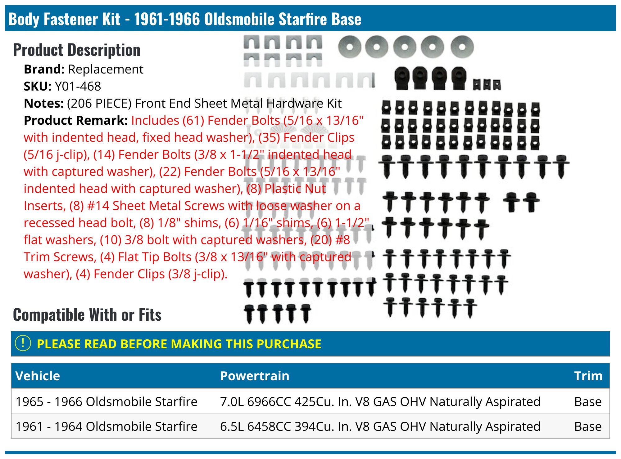 1961-1966 Oldsmobile Starfire Body Fastener Kit - Replacement Y01-468 ...