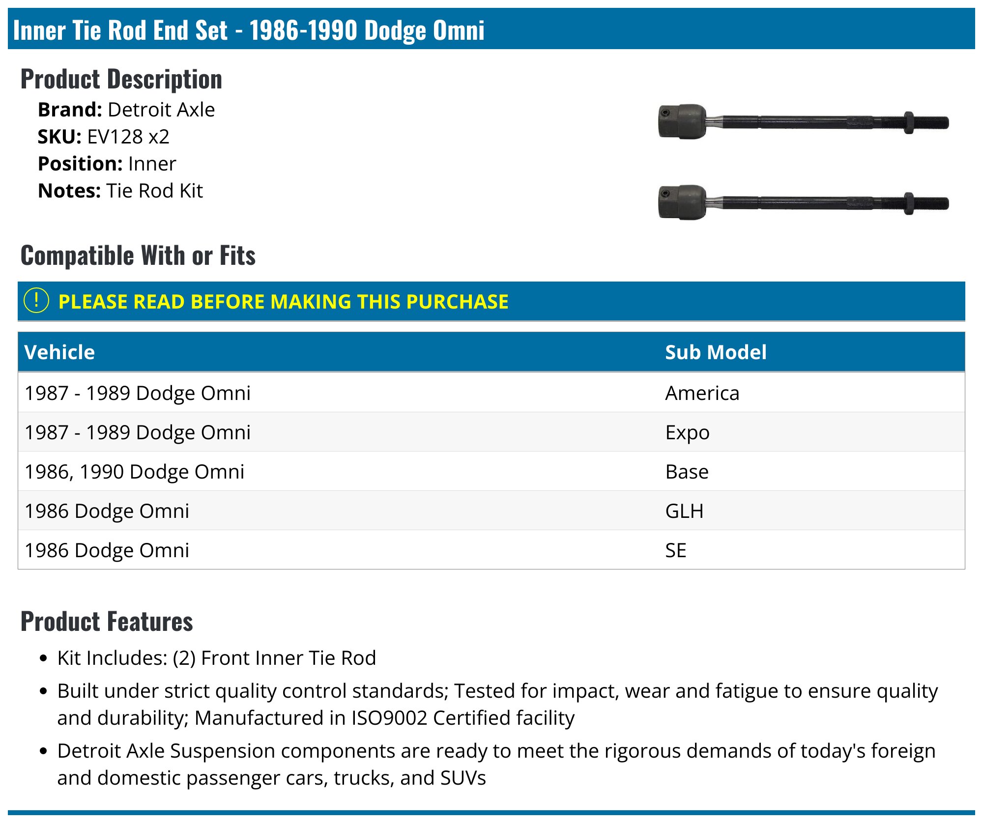 1986-1990 Dodge Omni Tie Rod - Detroit Axle EV128 x2 - Inner ...