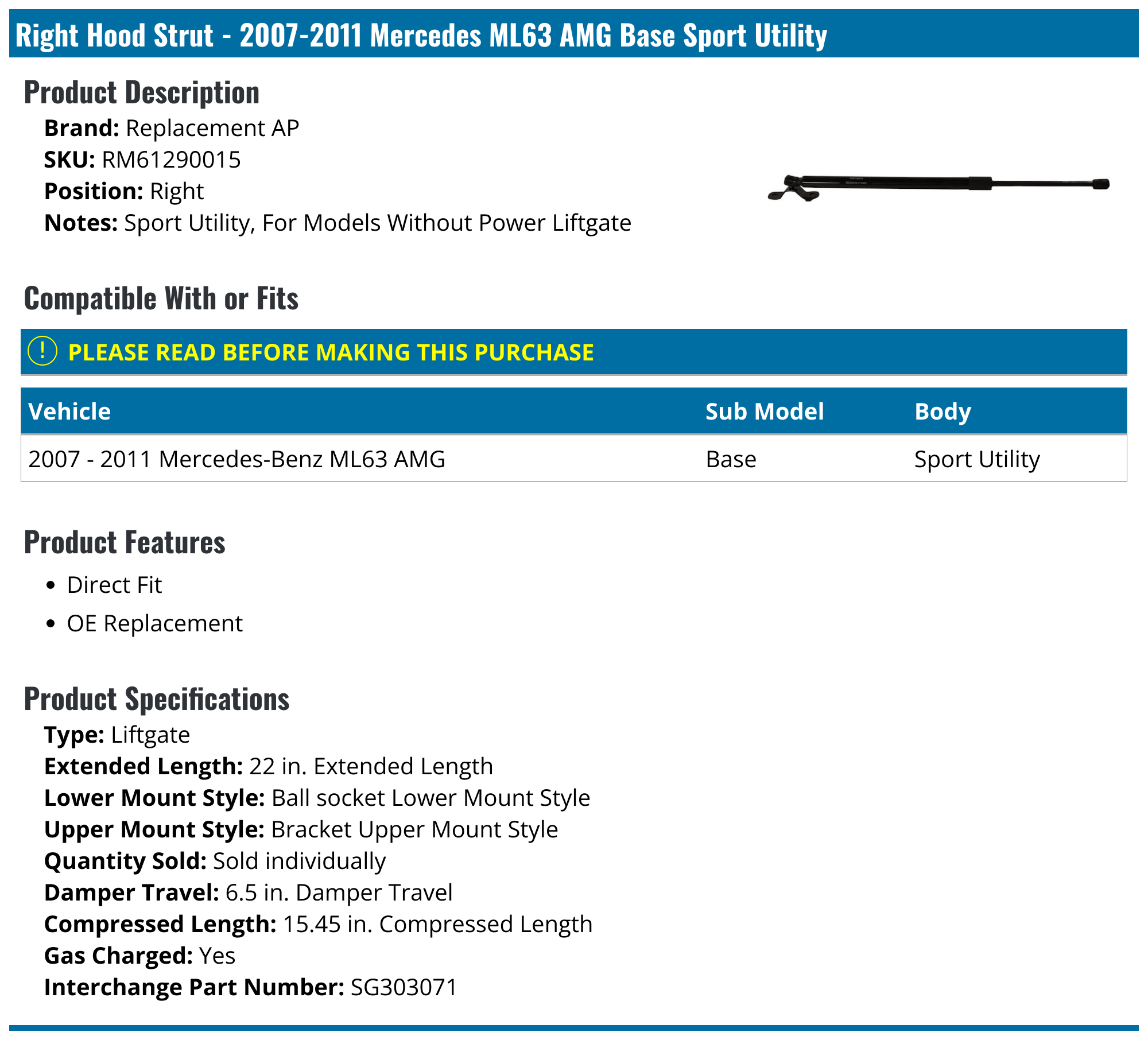 2007-2011 Mercedes ML63 AMG Hood Strut - Replacement AP RM61290015 ...
