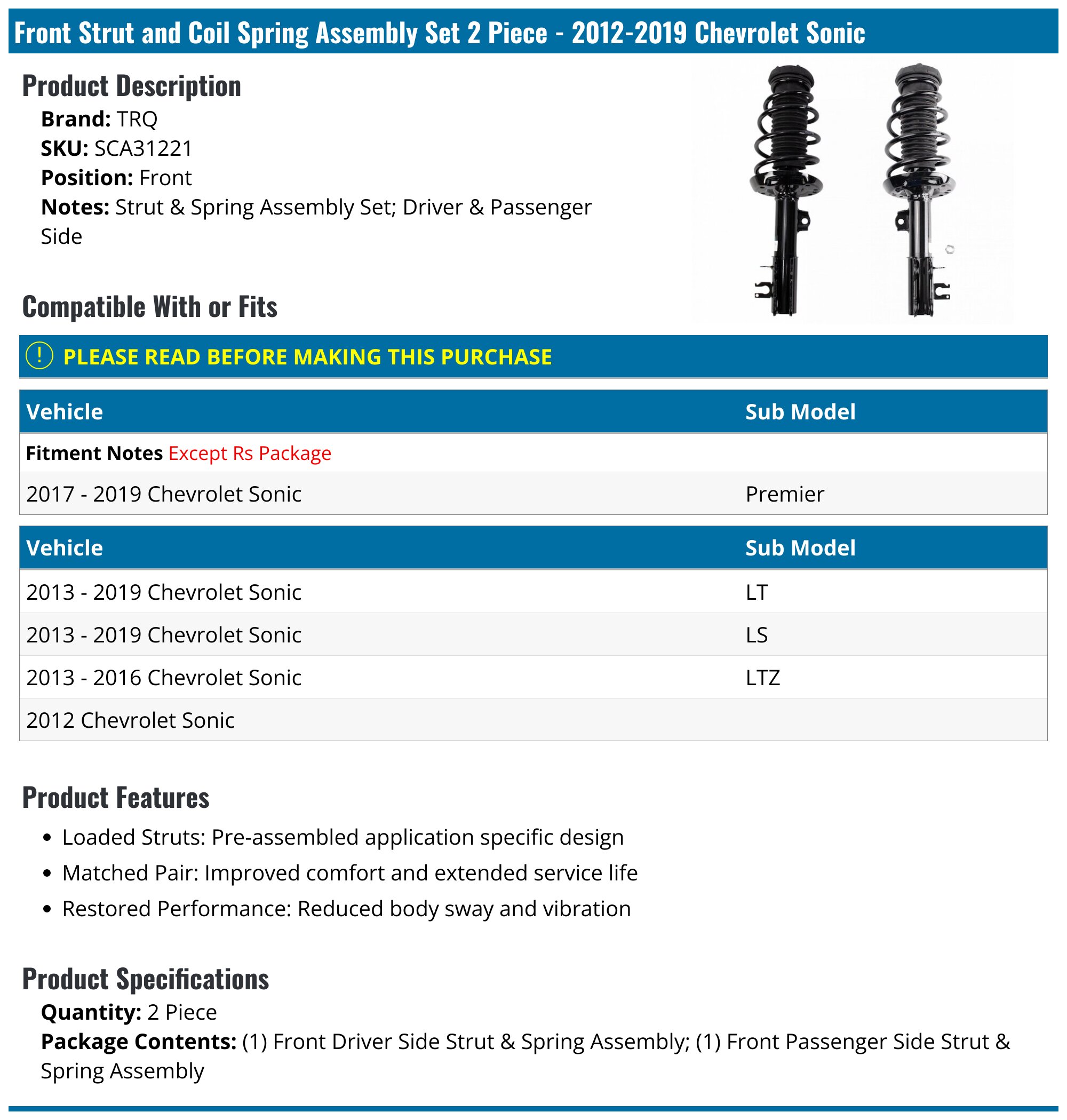 2012-2019 Chevrolet Sonic Strut Assembly - TRQ SCA31221 - Front ...