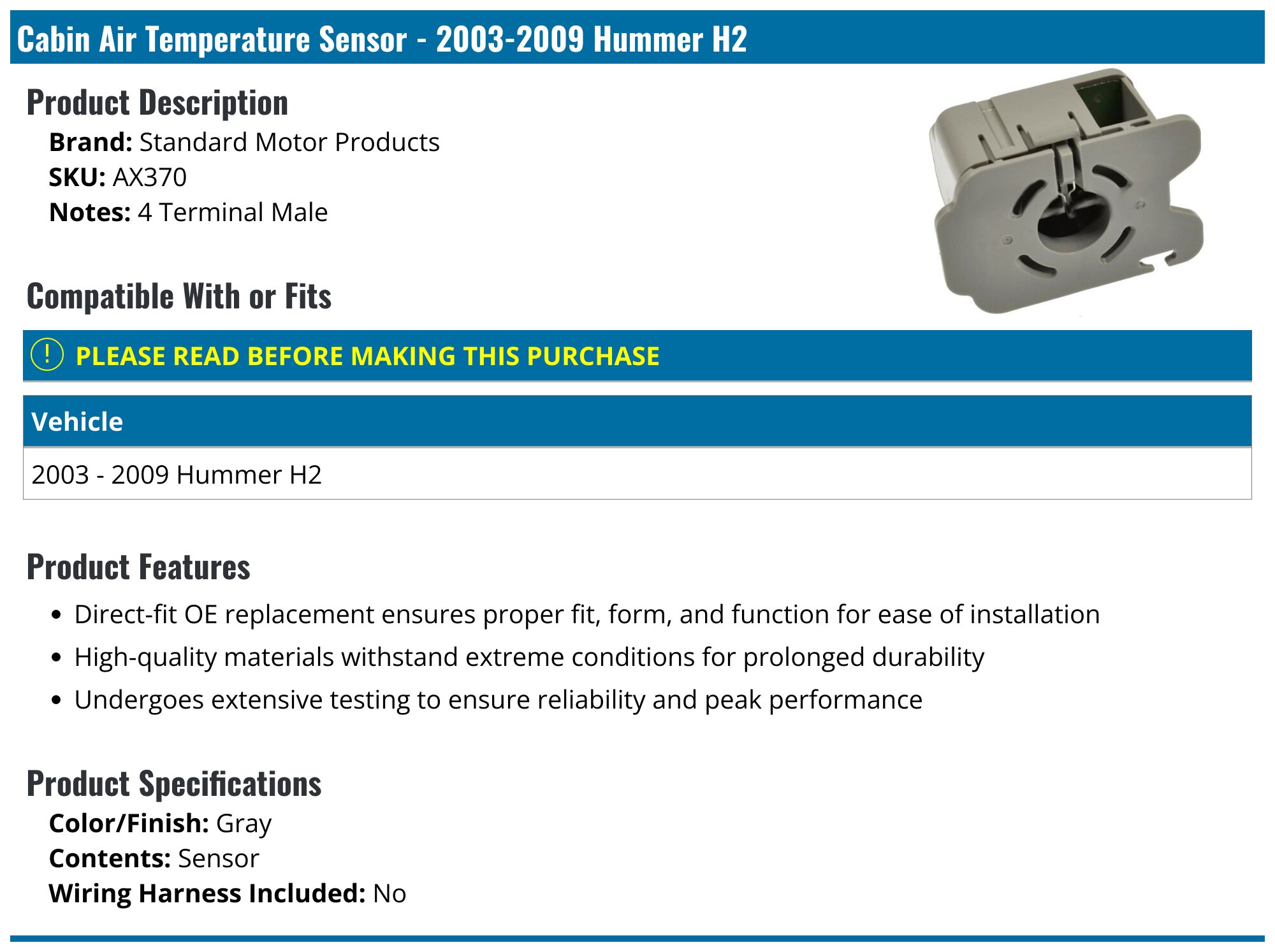 2003-2009 Hummer H2 Cabin Air Temperature Sensor - Standard Motor ...