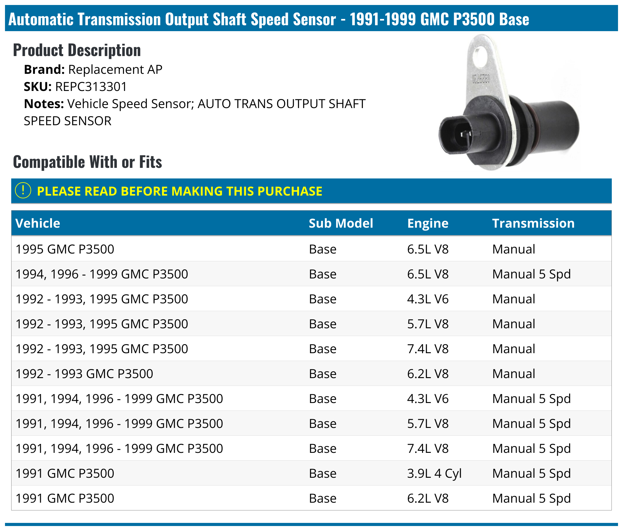 1991-1999 GMC P3500 Automatic Transmission Output Shaft Speed Sensor ...