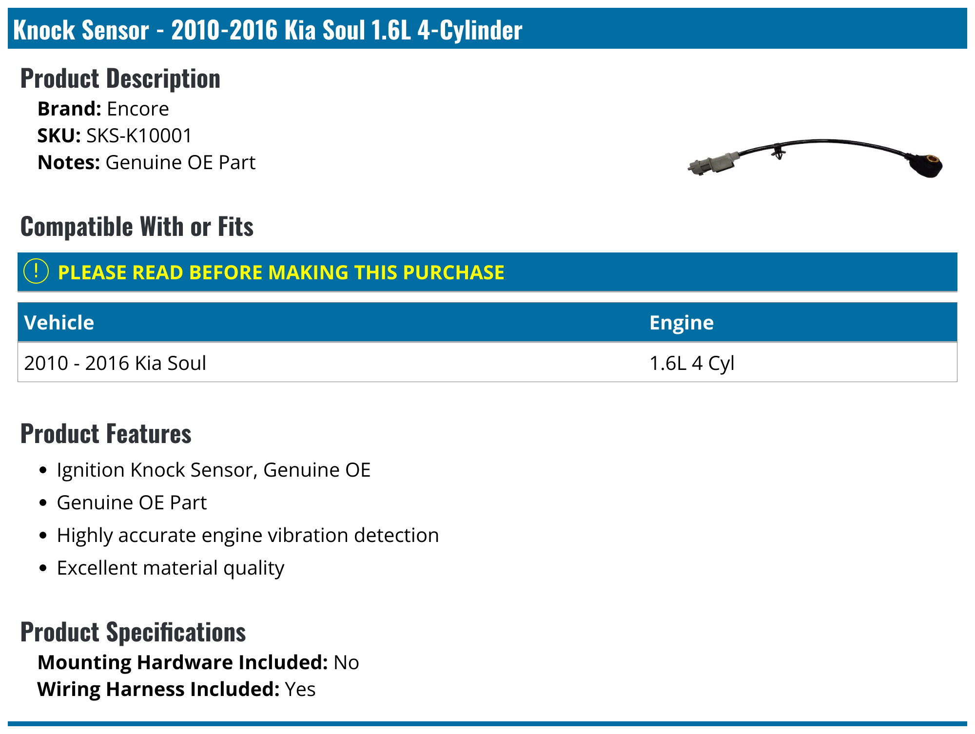 2010-2016 Kia Soul Knock Sensor - Encore SKS-K10001 - PartsGeek.com