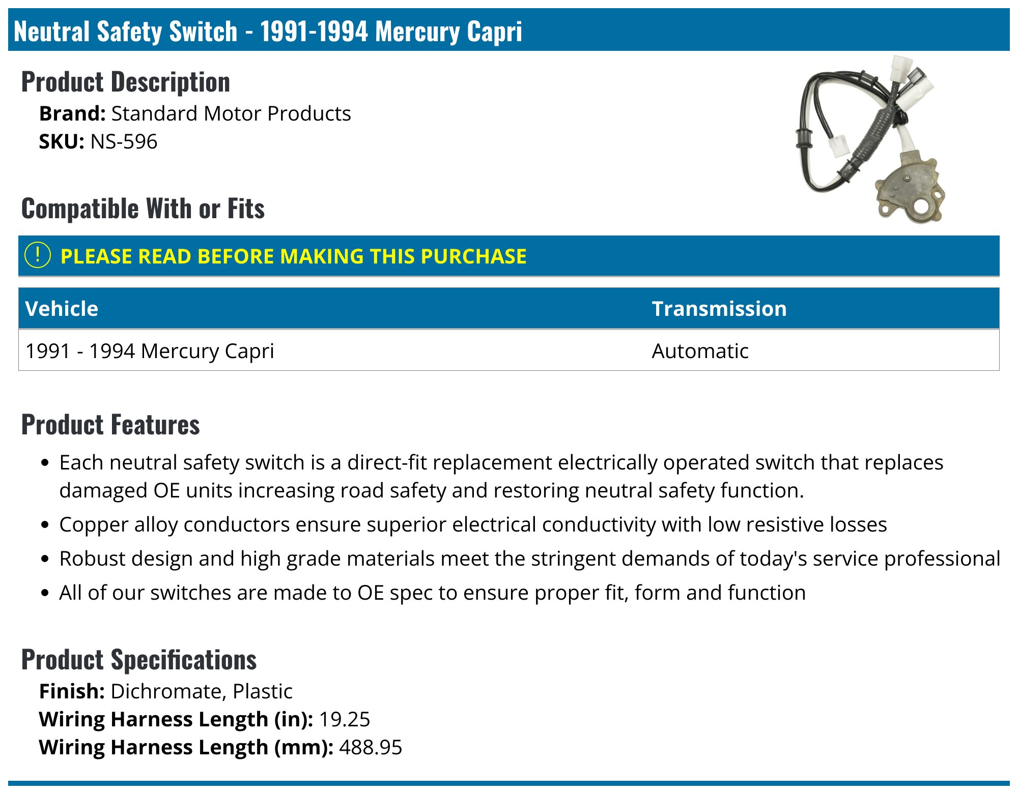 1991-1994 Mercury Capri Neutral Safety Switch - Standard Motor Products ...