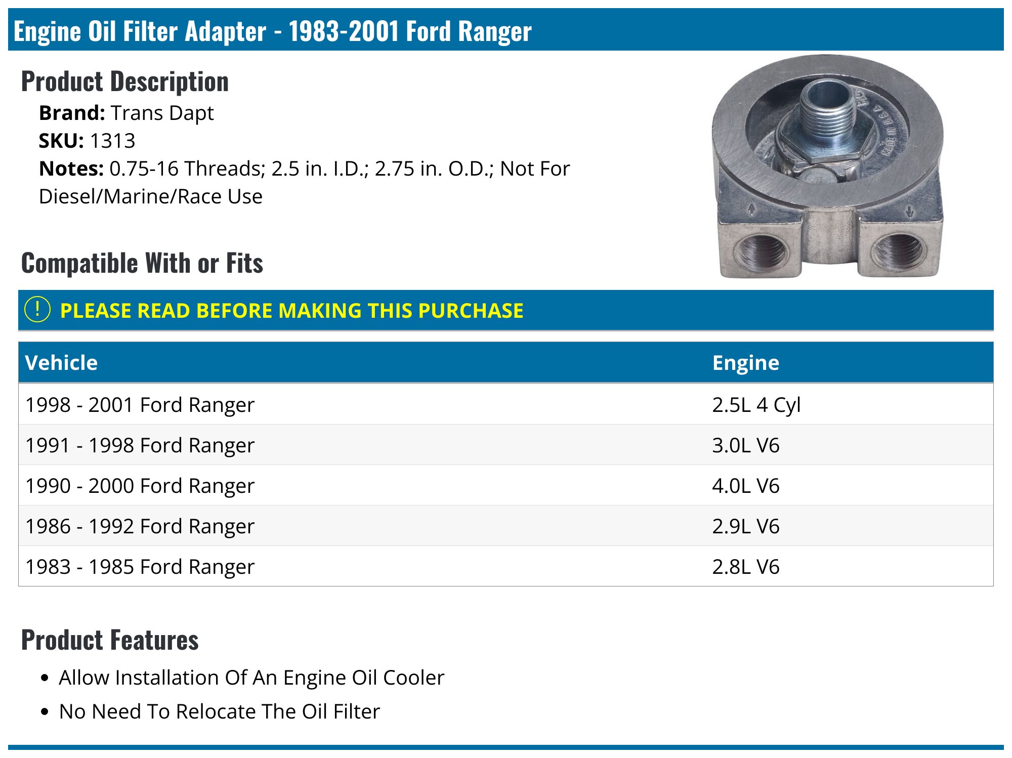 1983-2001 Ford Ranger Engine Oil Filter Adapter - Trans Dapt 1313 ...