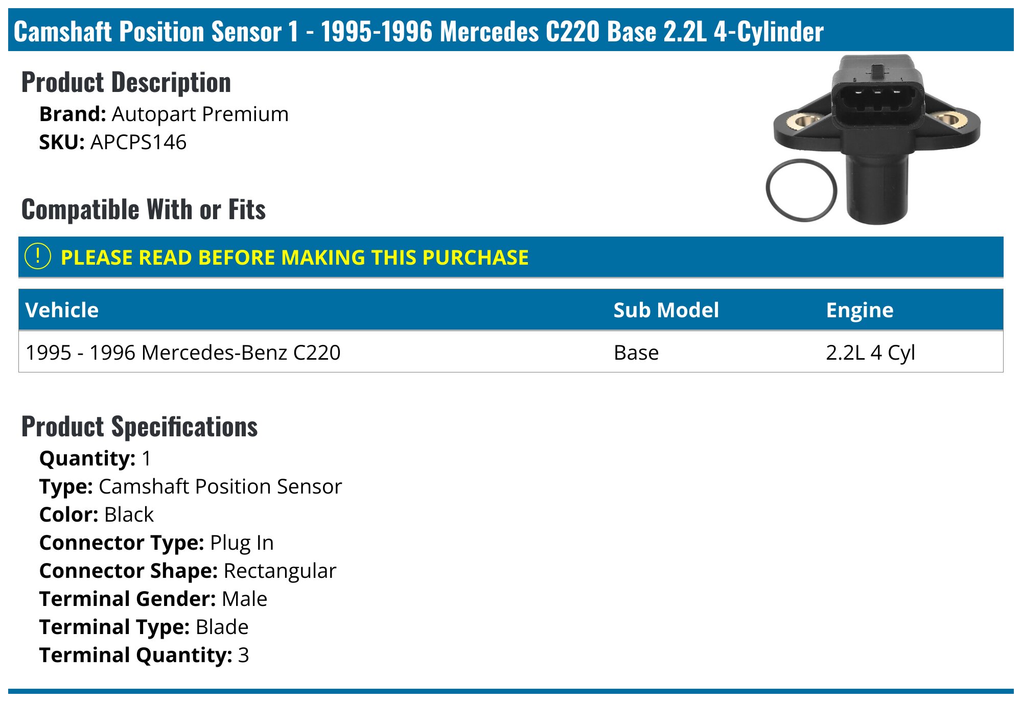 1995-1996 Mercedes C220 Camshaft Position Sensor - Autopart Premium ...