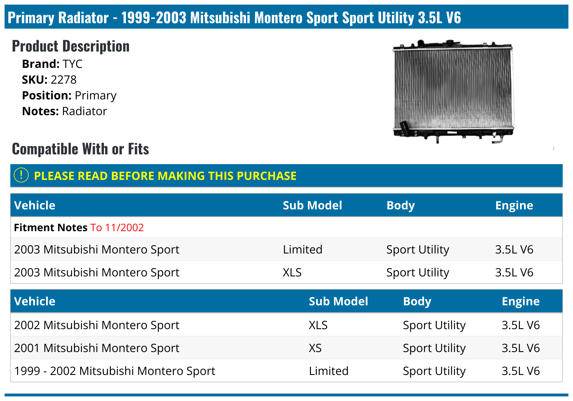 1999-2003 Mitsubishi Montero Sport Radiator - TYC 2278 - Primary ...