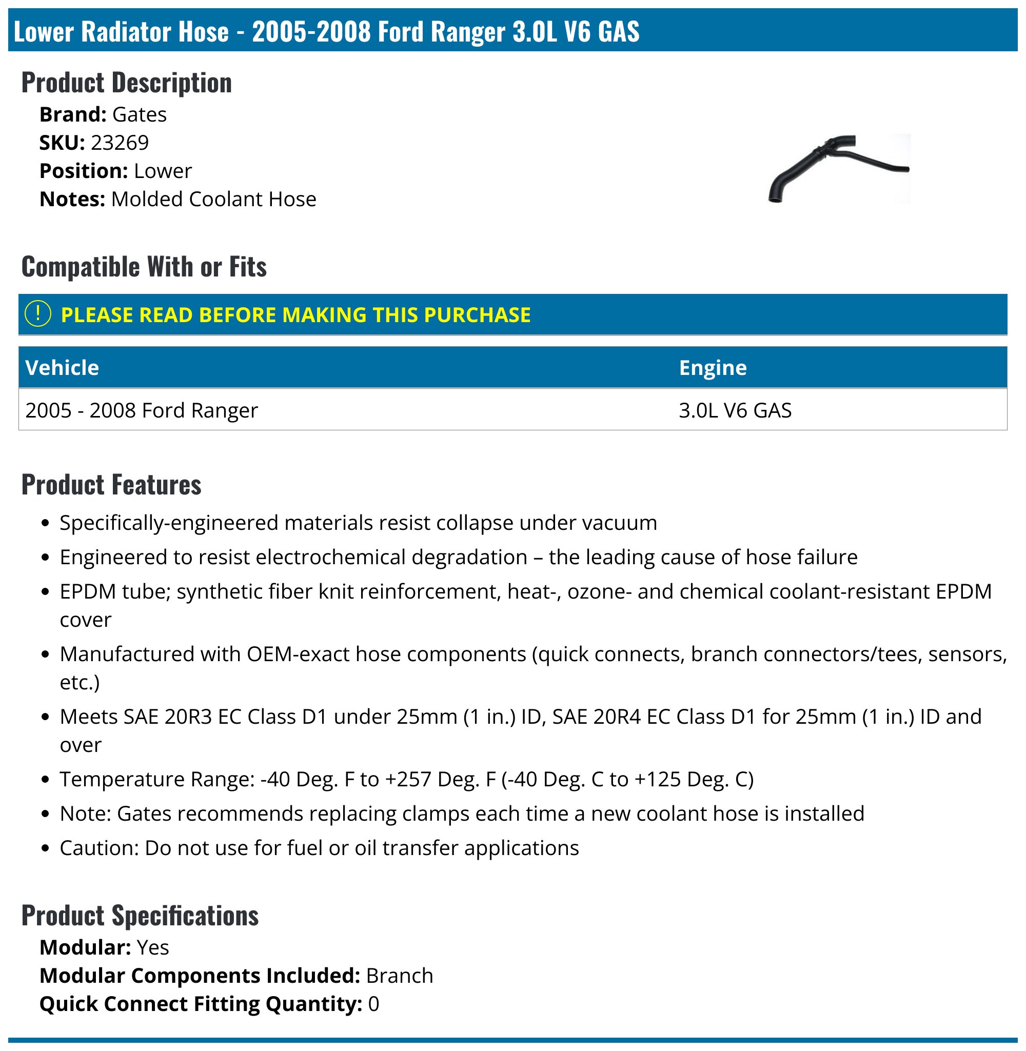 2005-2008 Ford Ranger Radiator Hose - Gates 23269 - Lower - PartsGeek.com