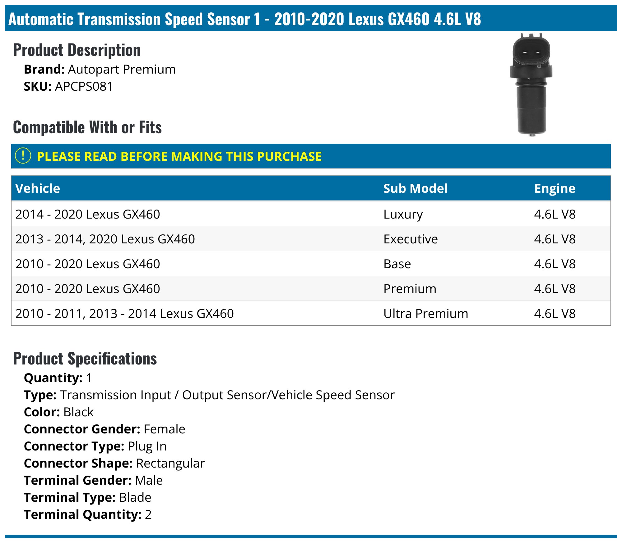 2010-2023 Lexus GX460 Automatic Transmission Speed Sensor - Autopart ...