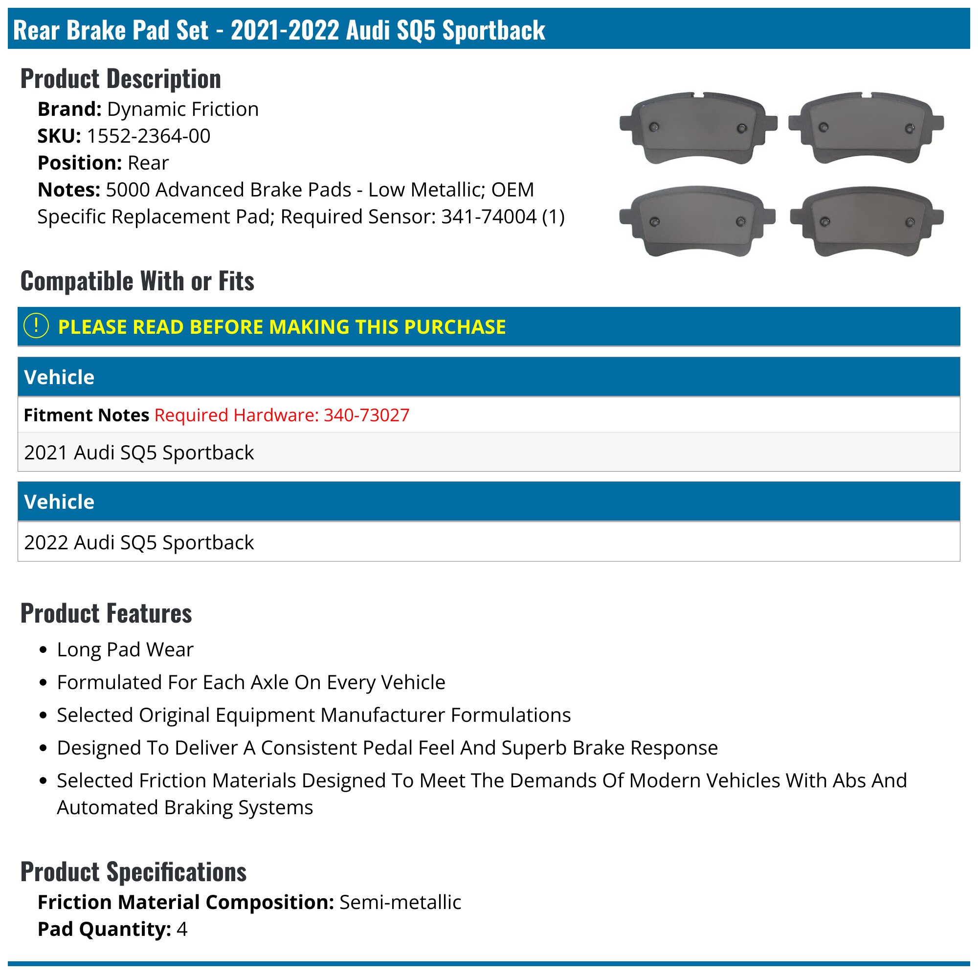 2021-2025 Audi SQ5 Sportback Brake Pad Set - Dynamic Friction 1552-2364 ...