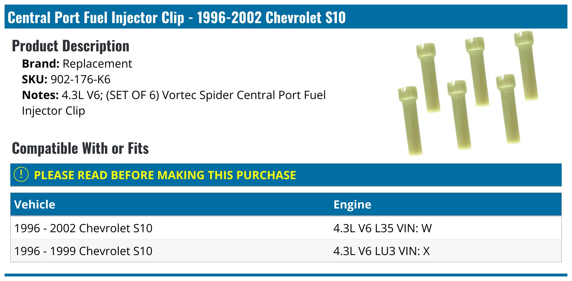 1996-2002 Chevrolet S10 Central Port Fuel Injector Clip - Replacement ...