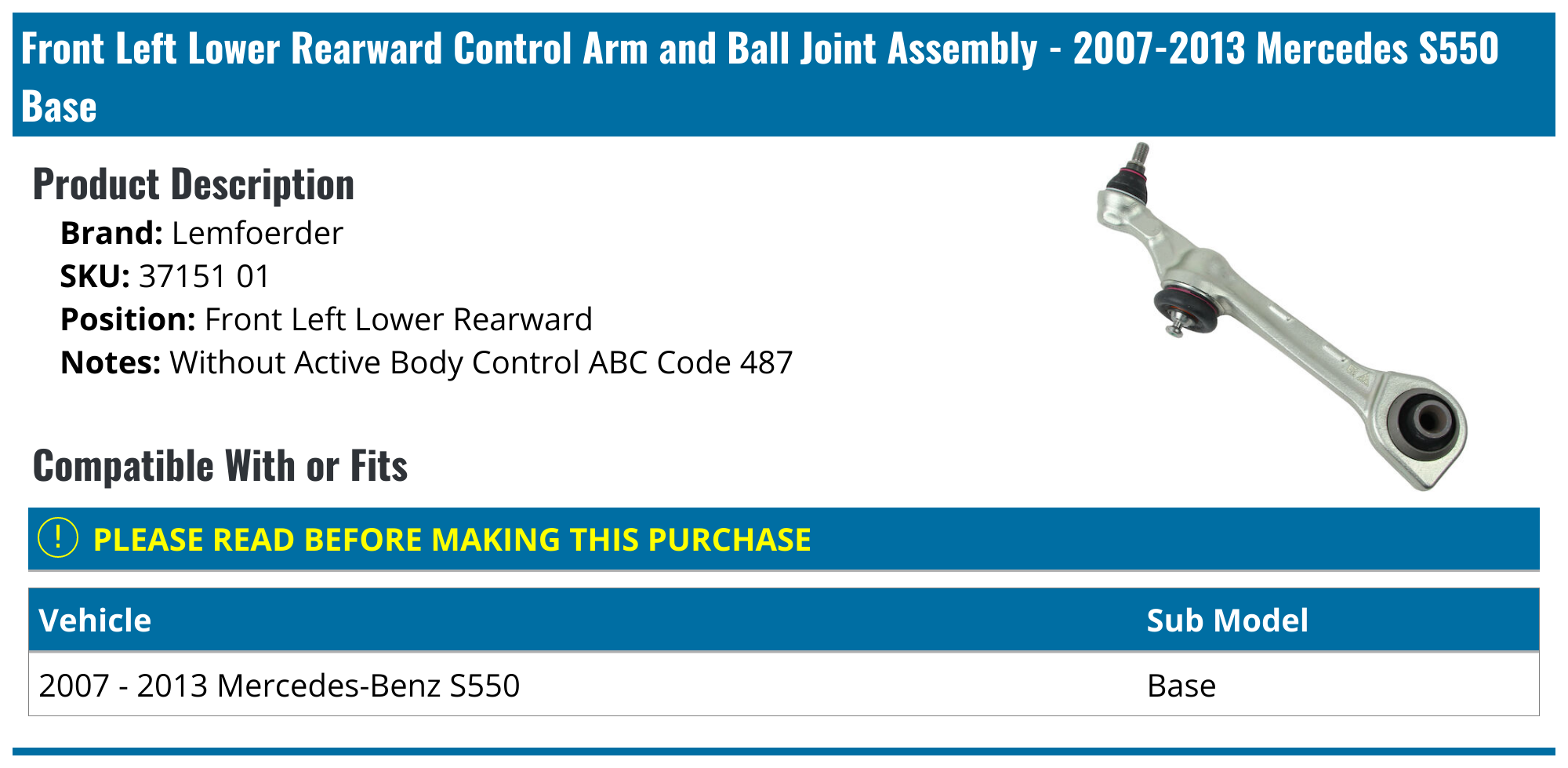2007-2013 Mercedes S550 Control Arm - Lemfoerder 37151 01 - Front Left ...